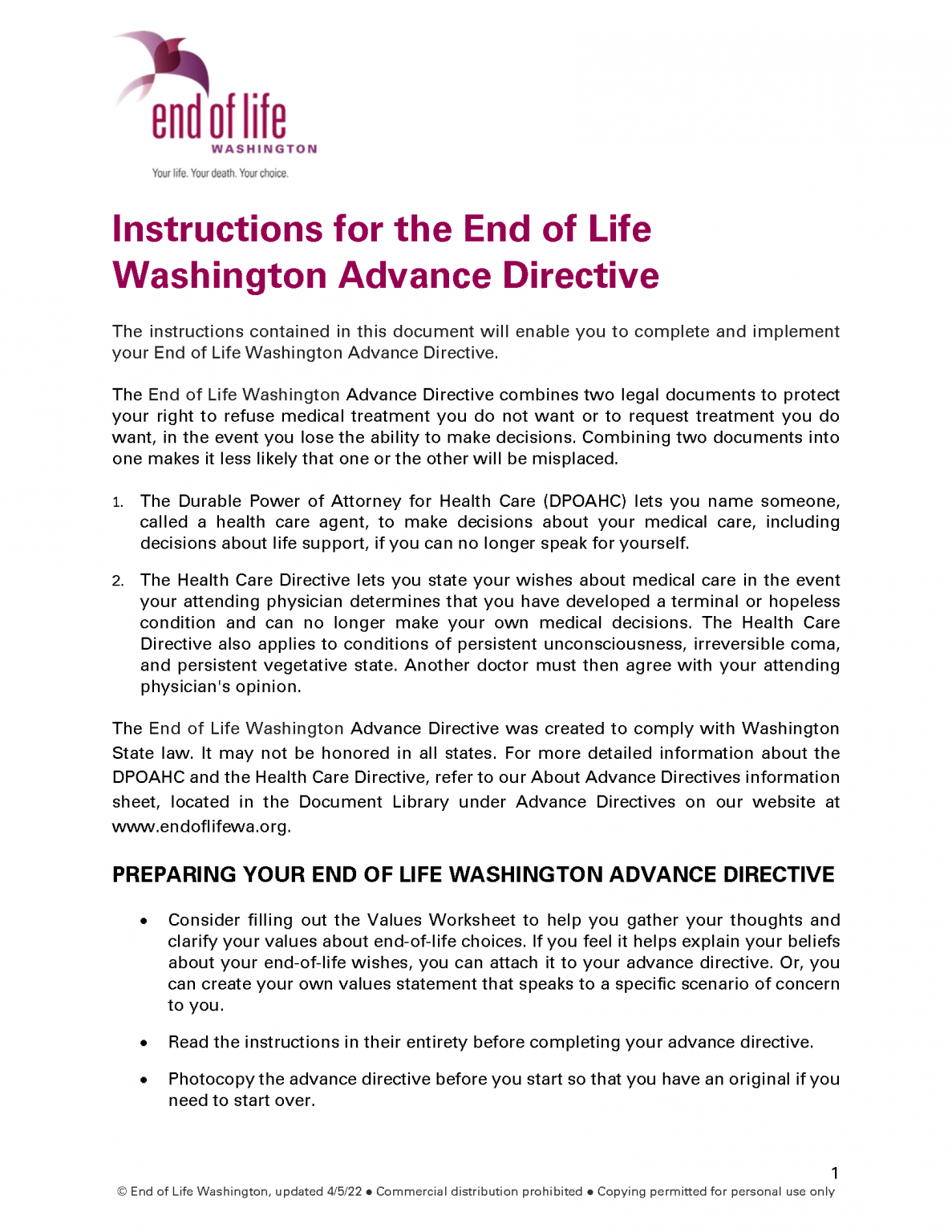 Free Washington Advance Directive Form - PDF – eForms