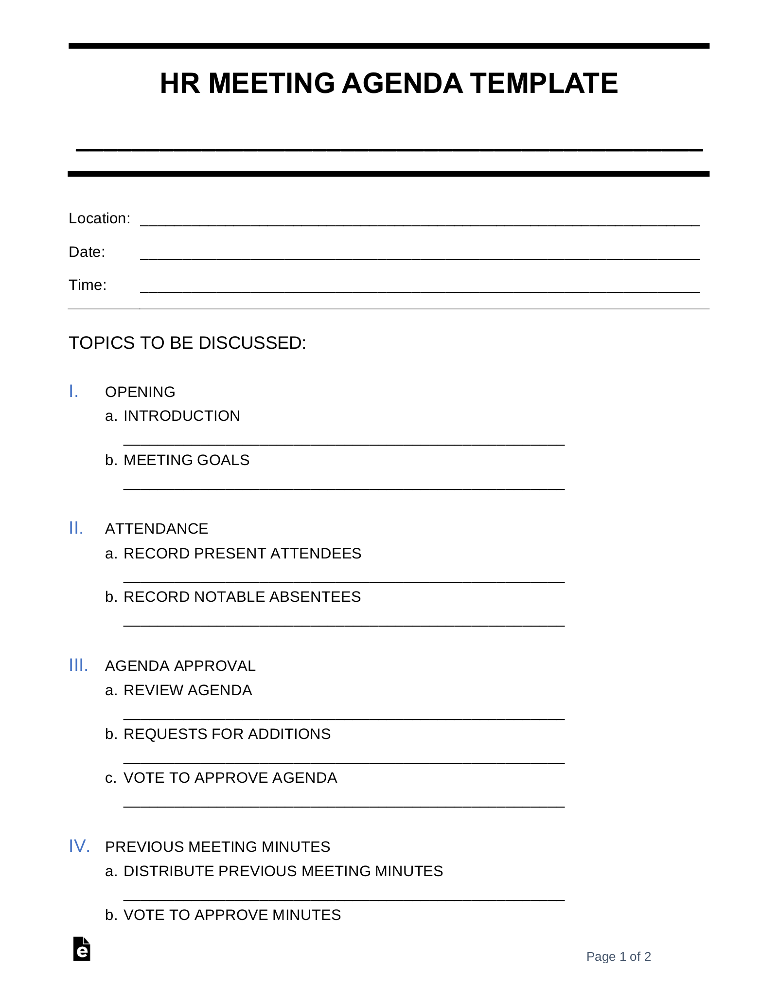 Free HR Meeting Agenda Template PDF Word EForms