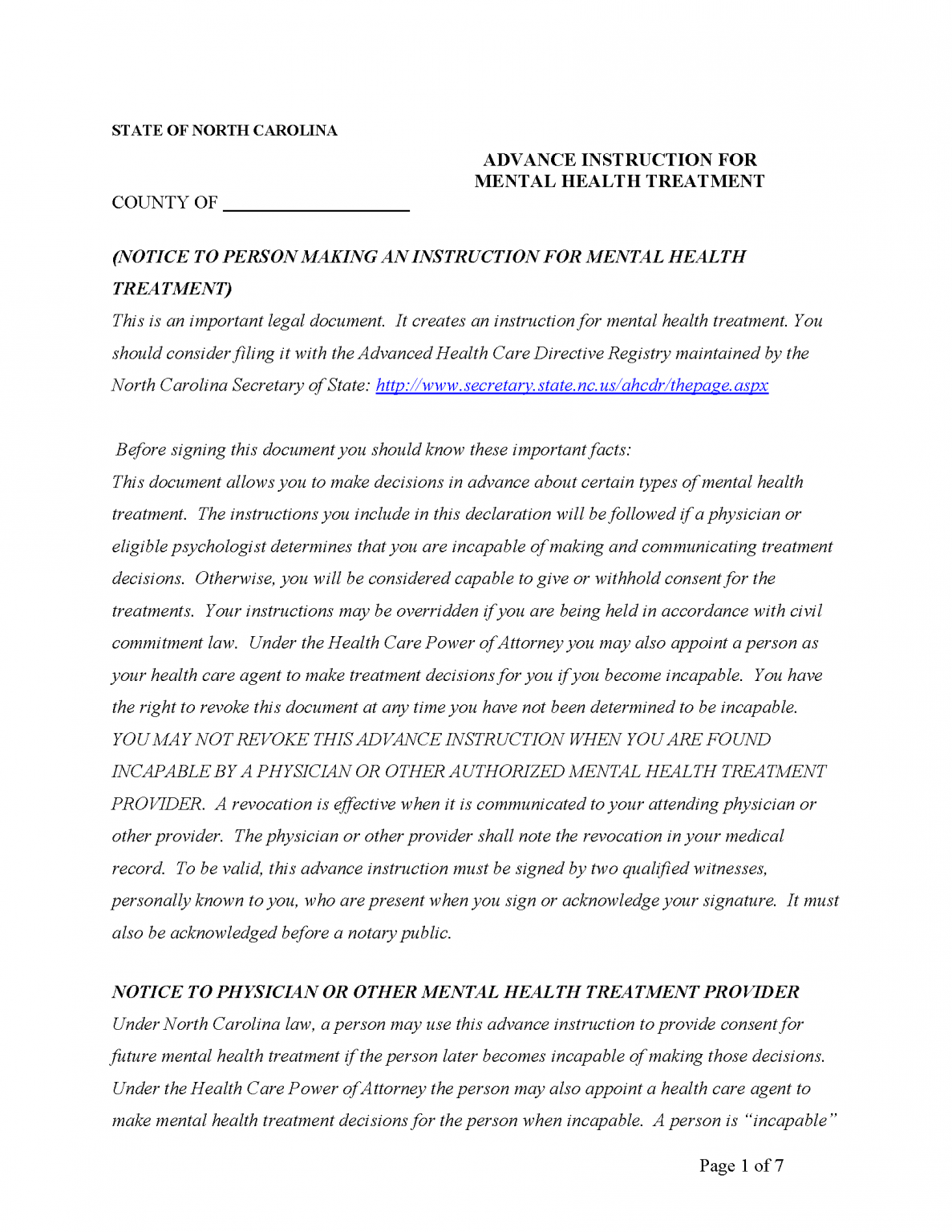 Free North Carolina Advance Directive Form PDF EForms free-north-carolina-advance-directive-form-pdf-eforms