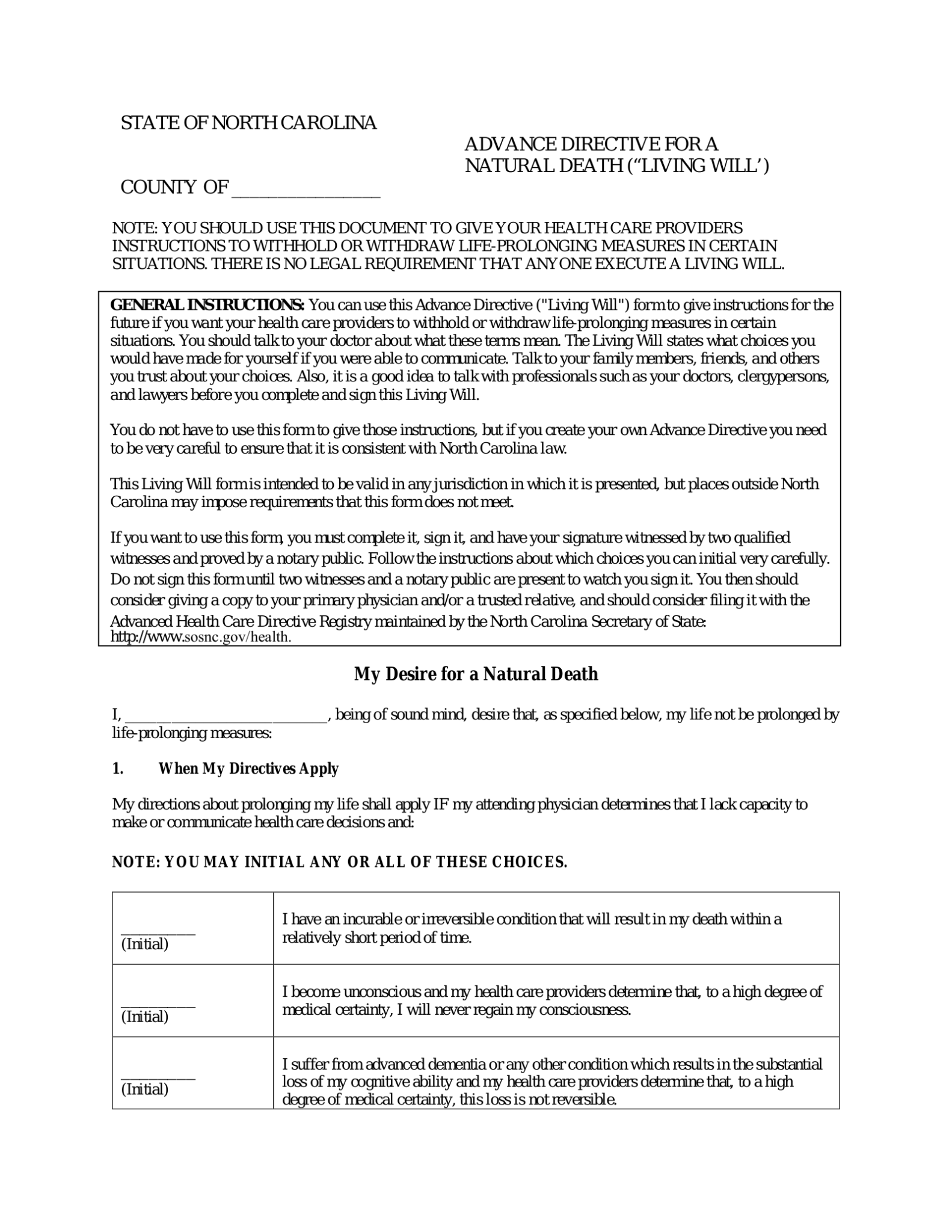 Free North Carolina Advance Directive Form - PDF – eForms