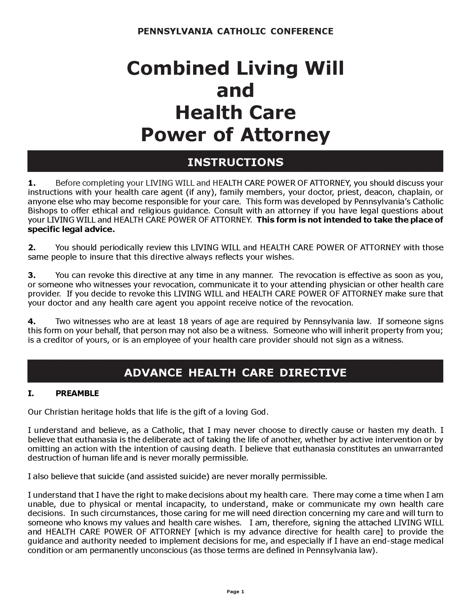 Free Pennsylvania Advance Directive Form - PDF – eForms