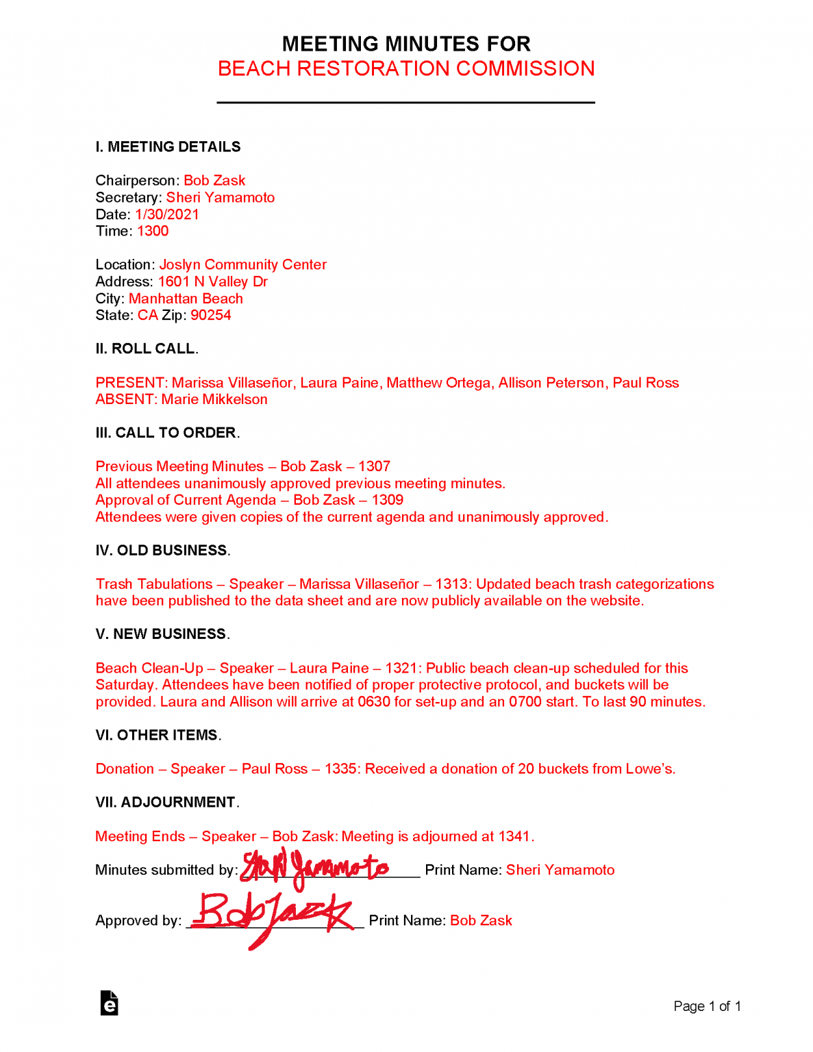 Free 1-Page Meeting Minutes Template - PDF | Word – eForms