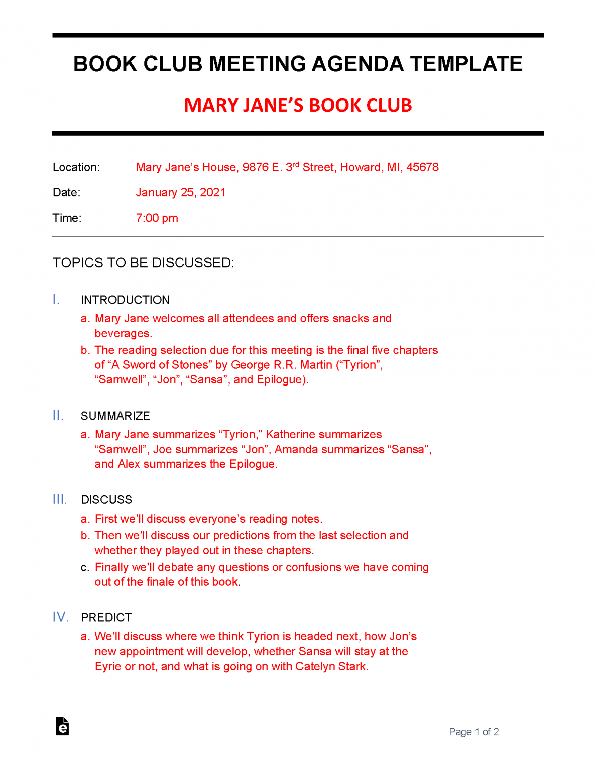 Free Book Club Meeting Agenda Template Sample PDF Word EForms