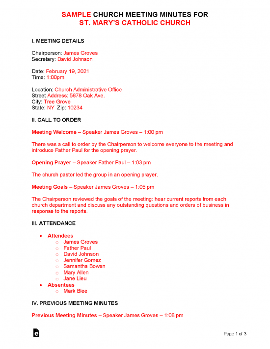 Free Church Meeting Minutes Template Sample PDF Word EForms