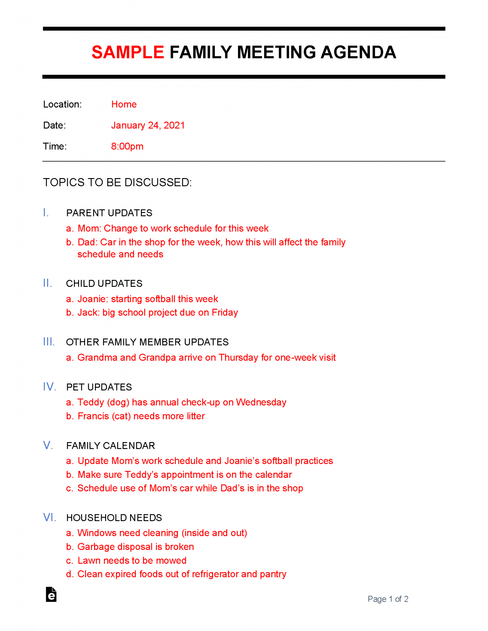 Free Family Meeting Agenda Template | Sample - PDF | Word – eForms