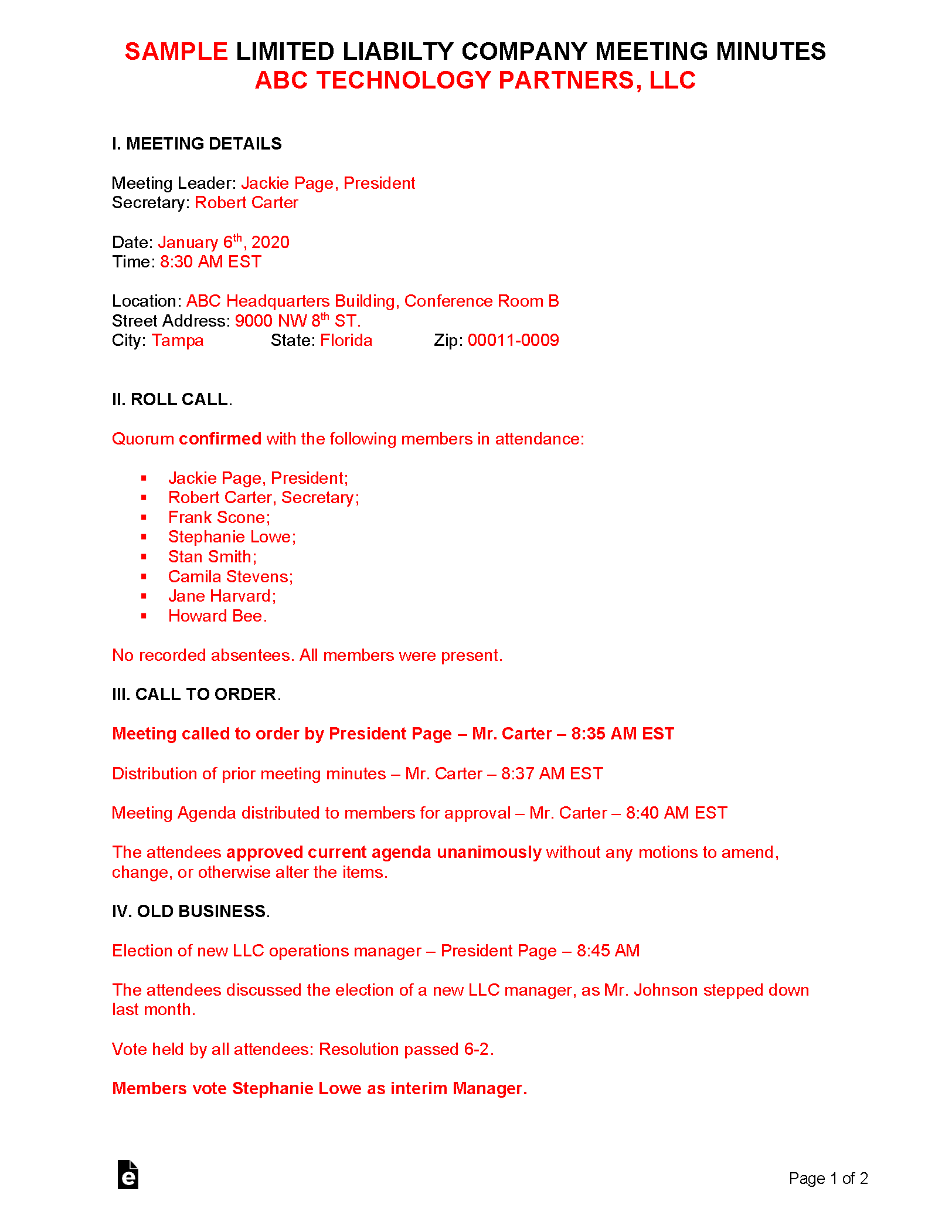 Free Llc Meeting Minutes Template Sample Word Pdf Eforms