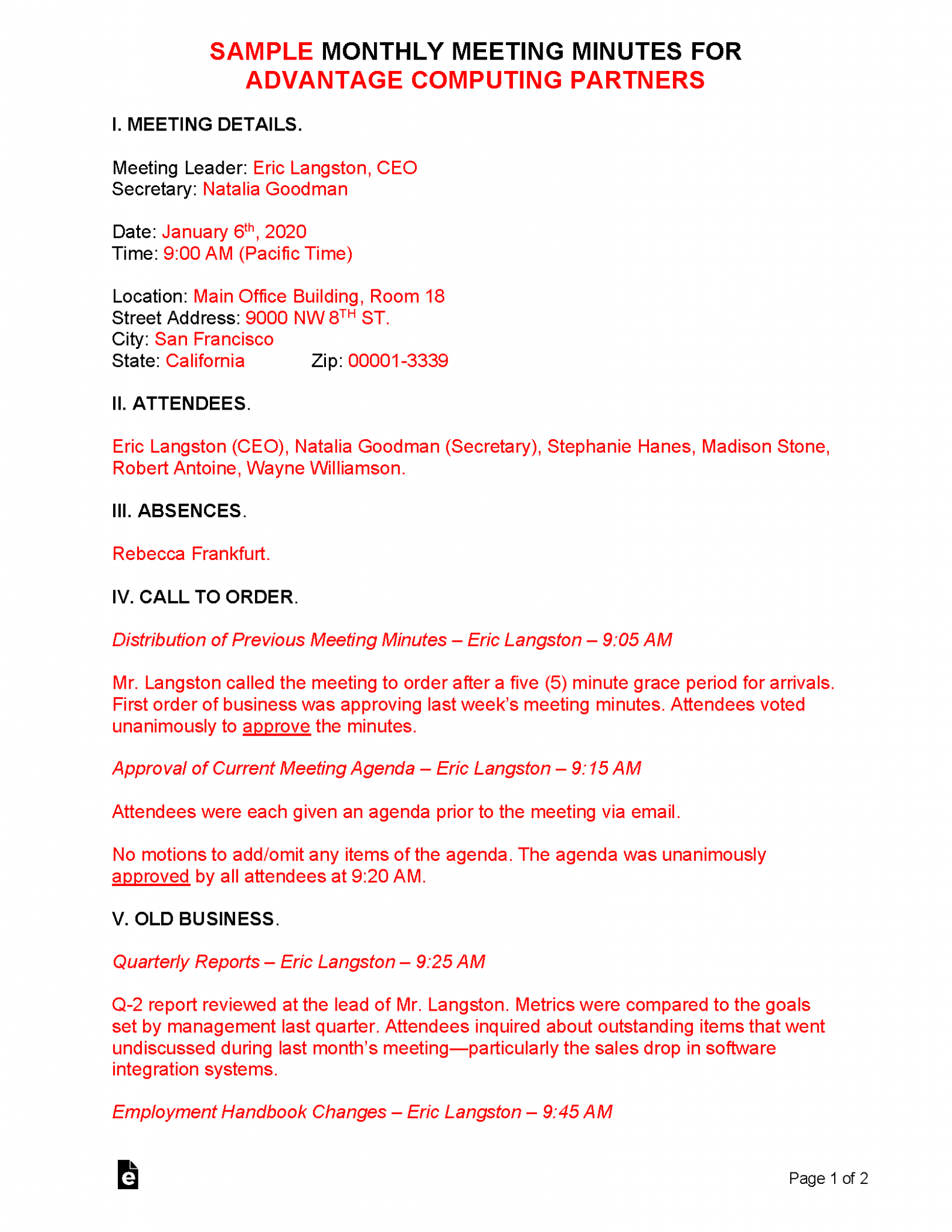 Free Monthly Meeting Minutes Template - PDF | Word – eForms