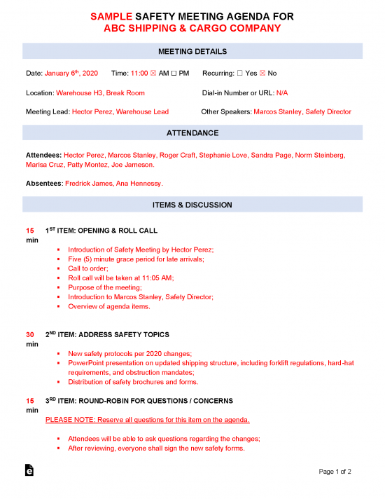 Free Safety Meeting Agenda Template Sample PDF Word EForms
