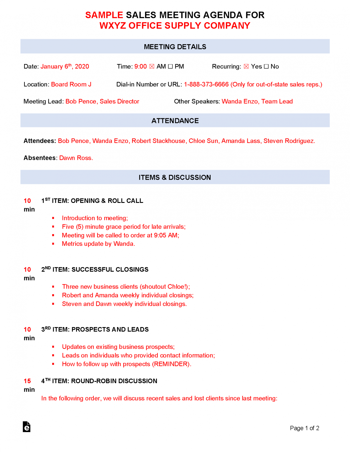 Free Sales Meeting Agenda Template Sample PDF Word EForms