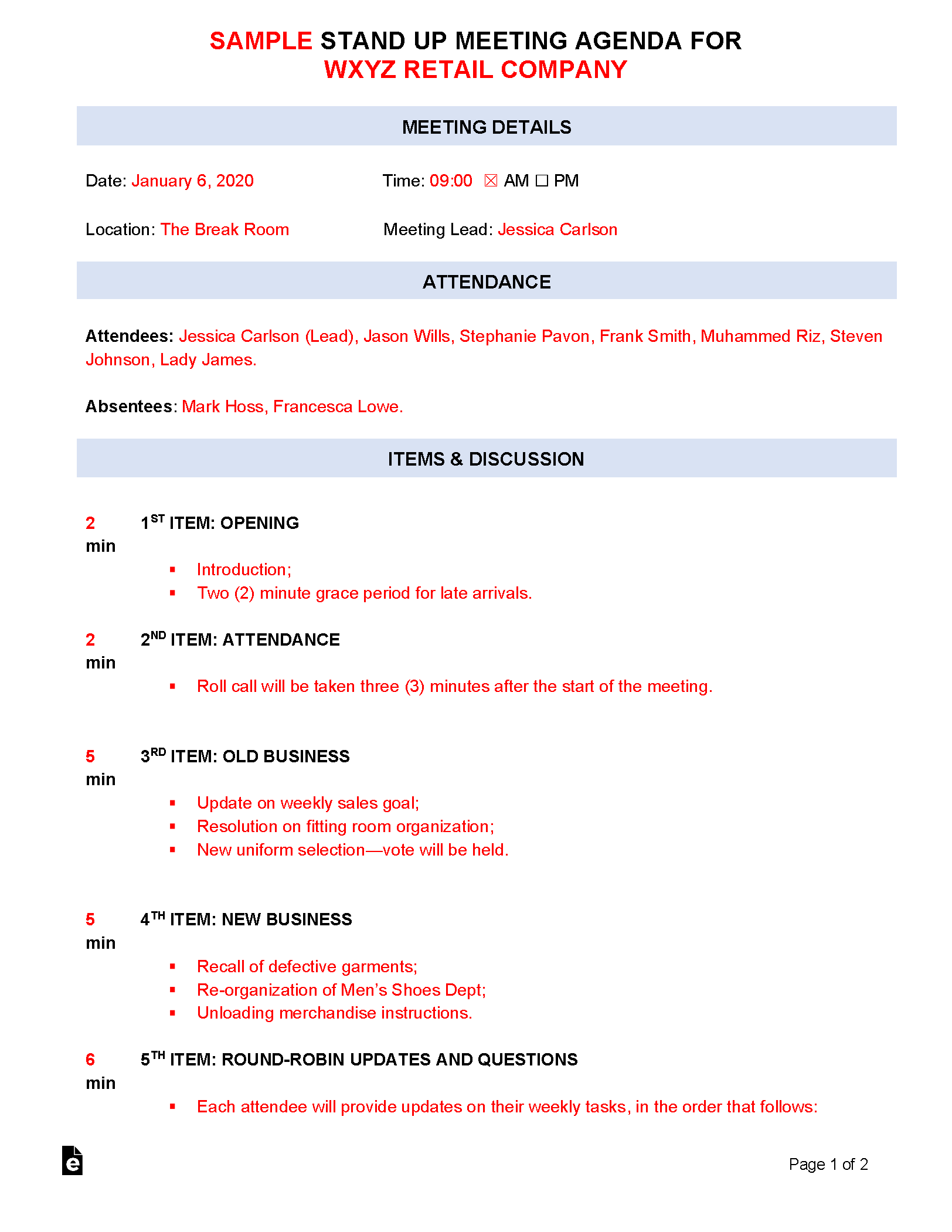 Free Stand Up Meeting Agenda Template | Sample - PDF | Word – eForms