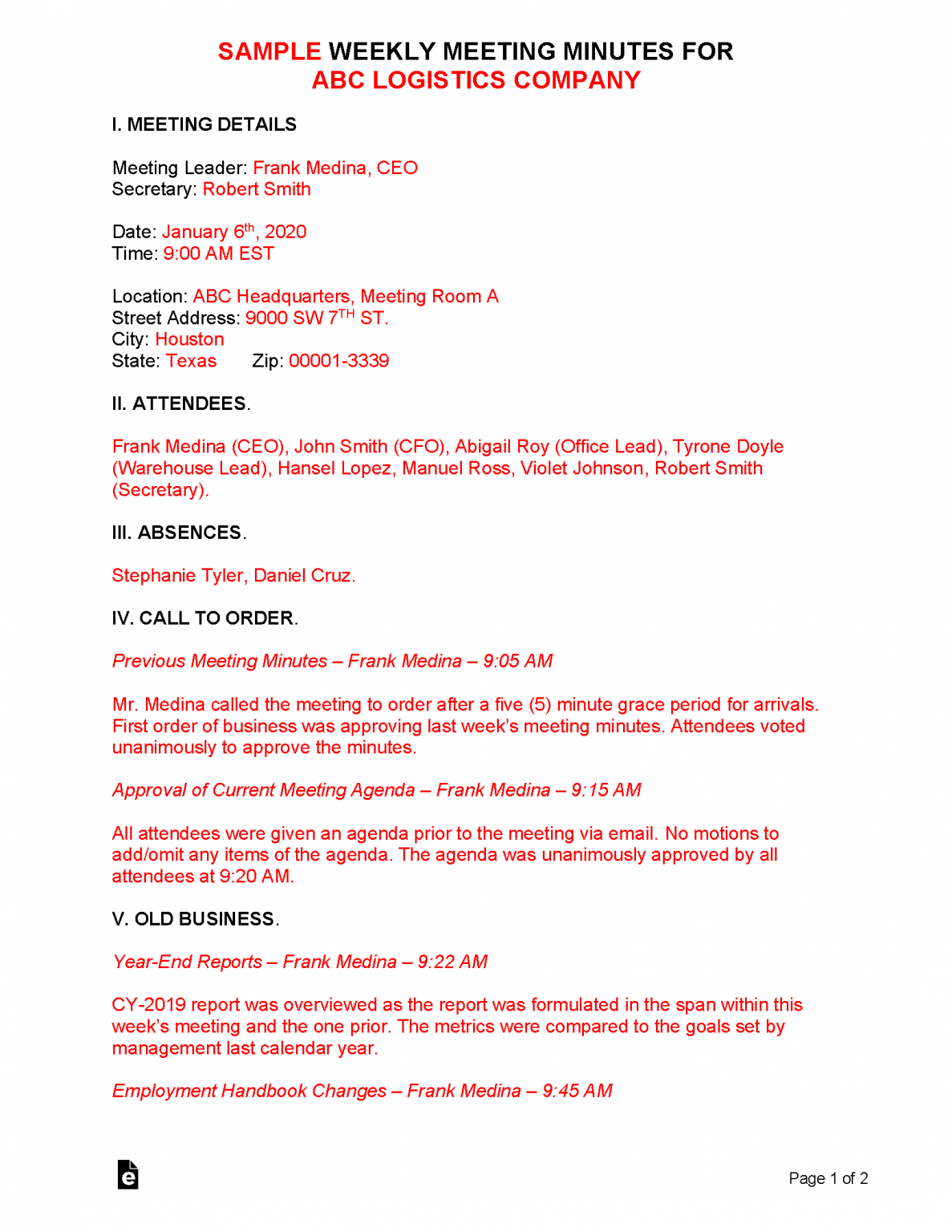 Free Weekly Meeting Minutes Template - PDF | Word – eForms