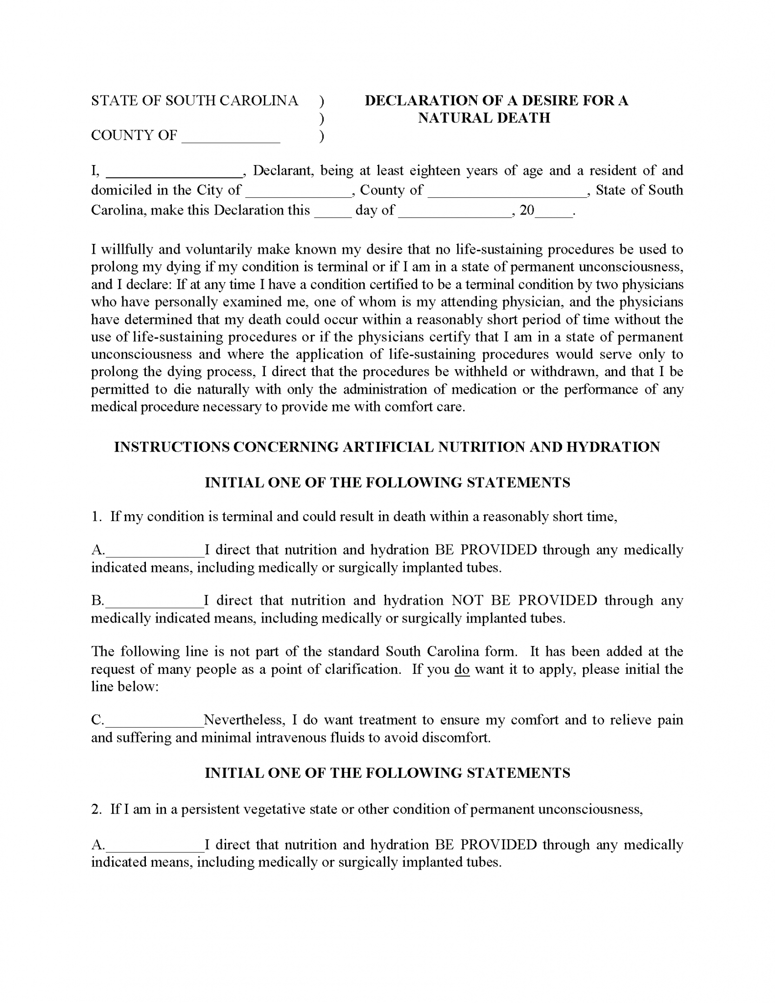Free South Carolina Advance Directive Form - PDF – eForms