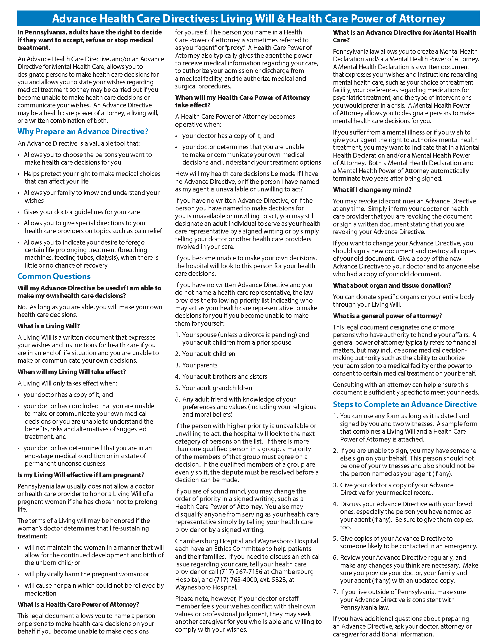 Free Pennsylvania Advance Directive Form - PDF – eForms