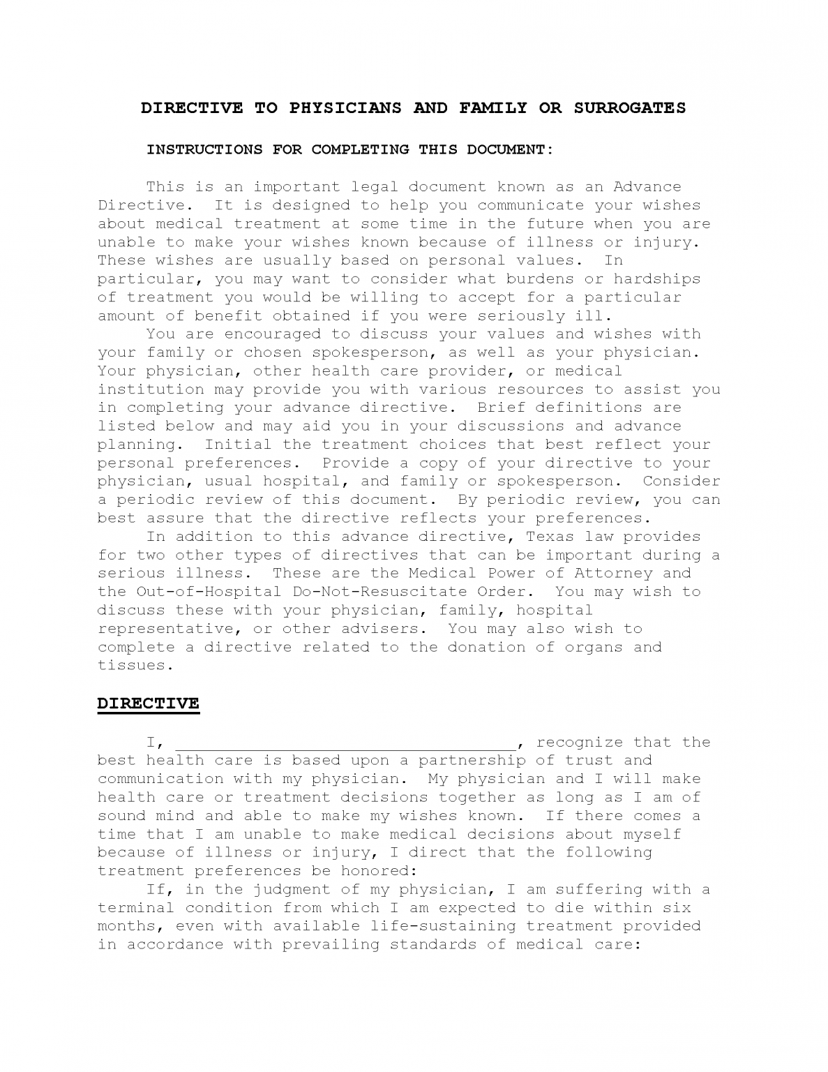 Free Texas Advance Directive Form - PDF – eForms