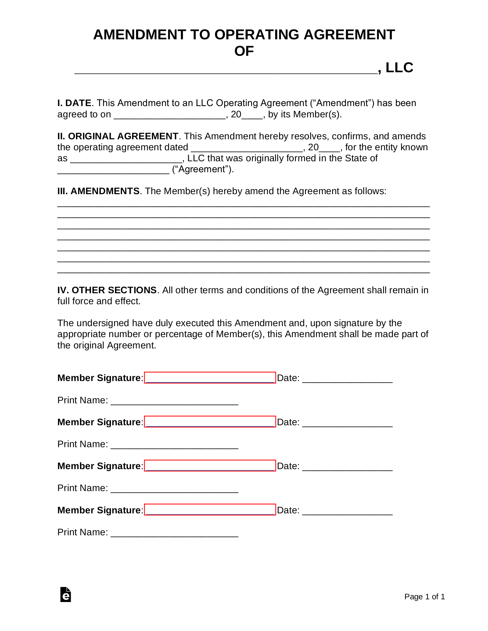 Free Amendment To LLC Operating Agreement Template PDF Word EForms