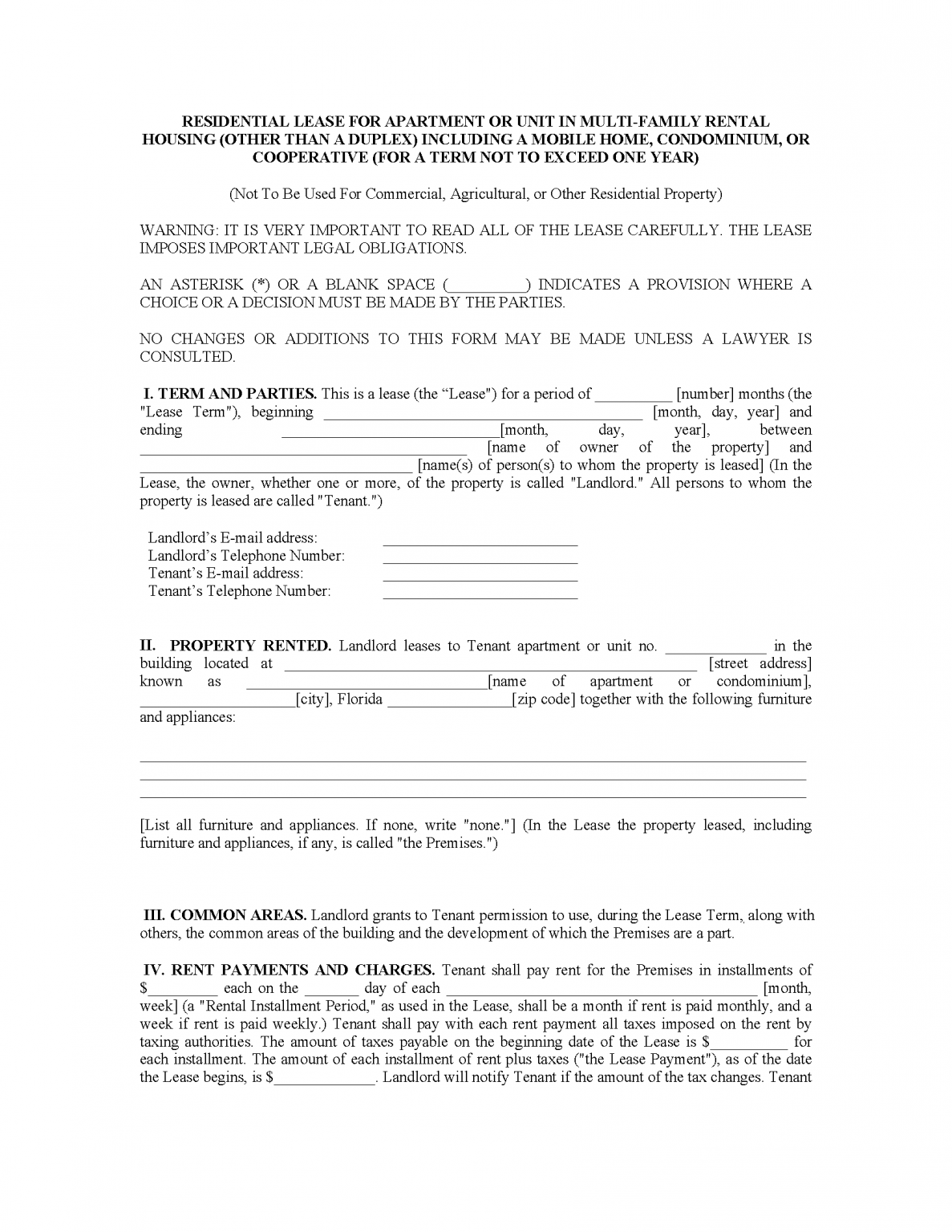Free Florida BAR Residential Lease Agreement - PDF – eForms