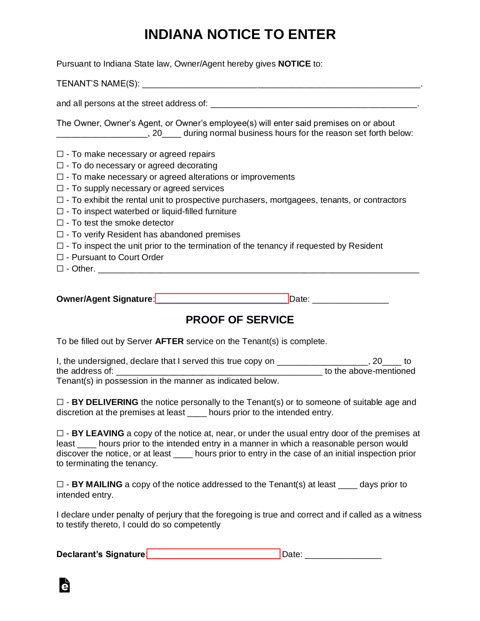 Free Indiana Landlord Notice to Enter Form - PDF | Word – eForms