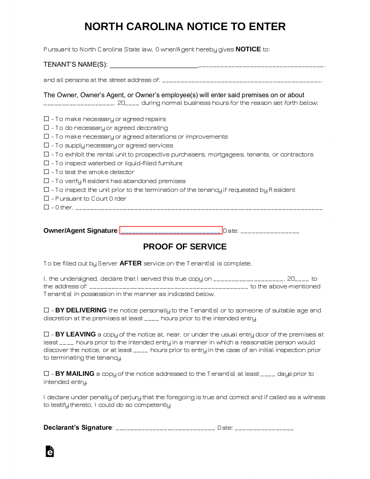 Free North Carolina Landlord Notice to Enter Form - PDF | Word – eForms