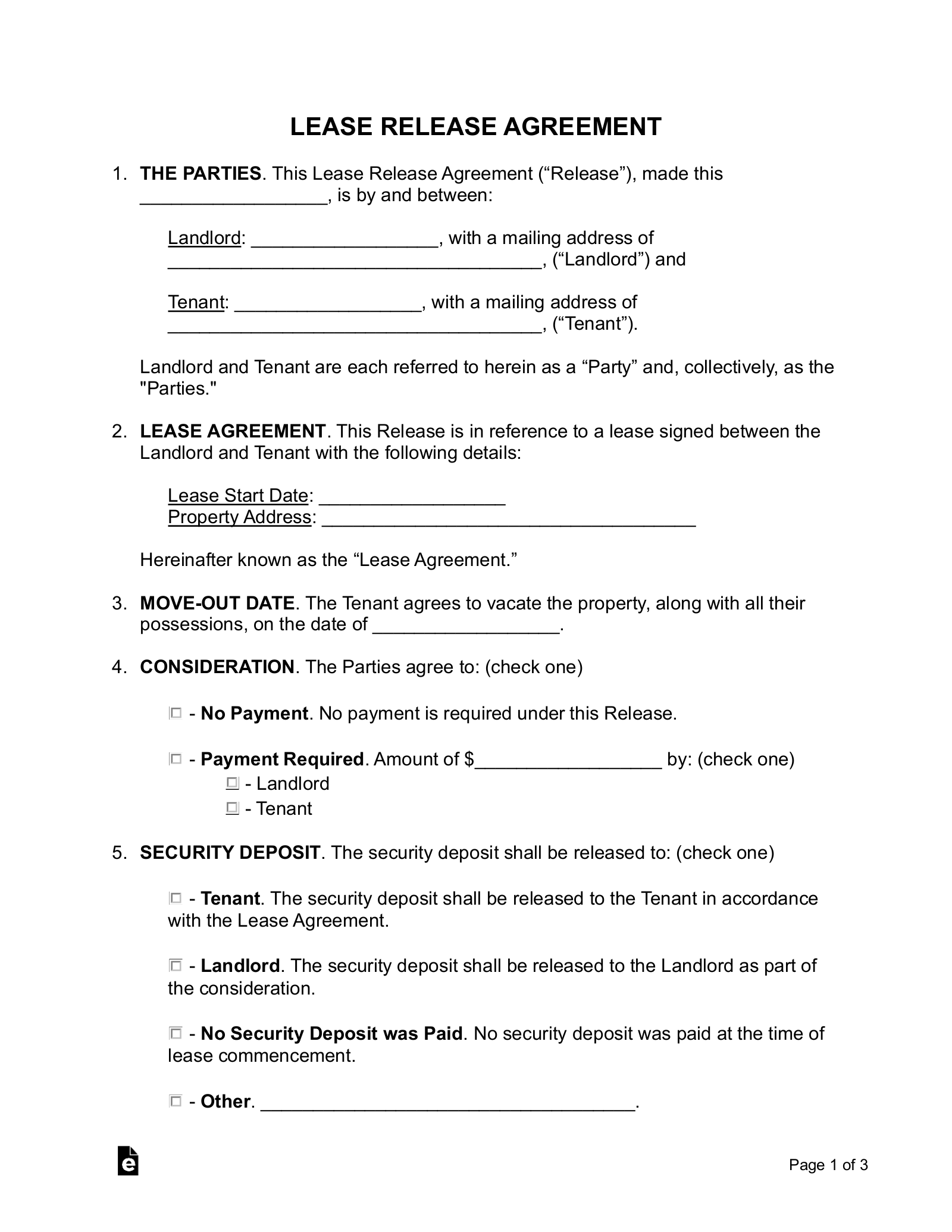 Free Lease Agreement RELEASE Form Sample PDF Word EForms