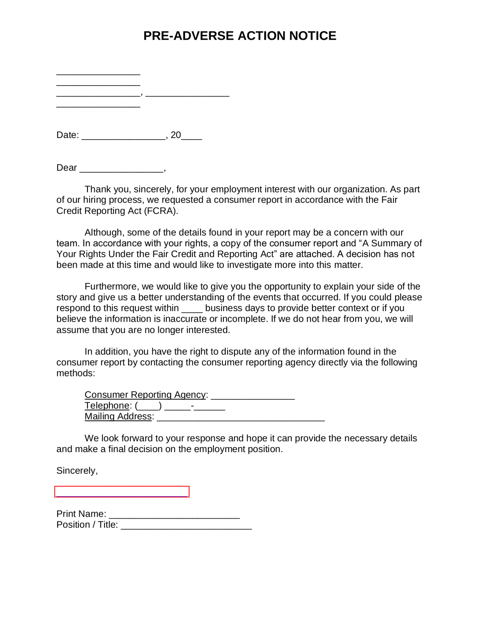 Free Pre Adverse Action Notice Sample PDF Word EForms