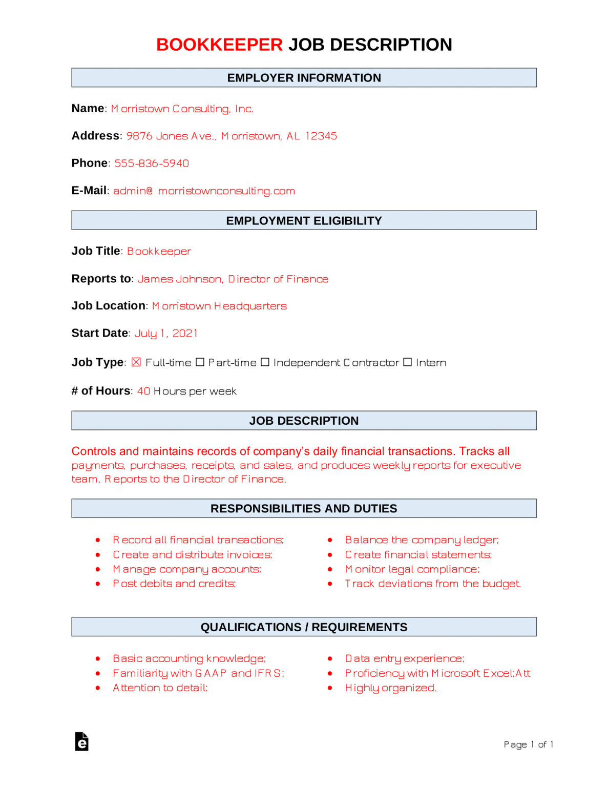 Free Bookkeeper Job Description Template | Sample - PDF | Word – eForms