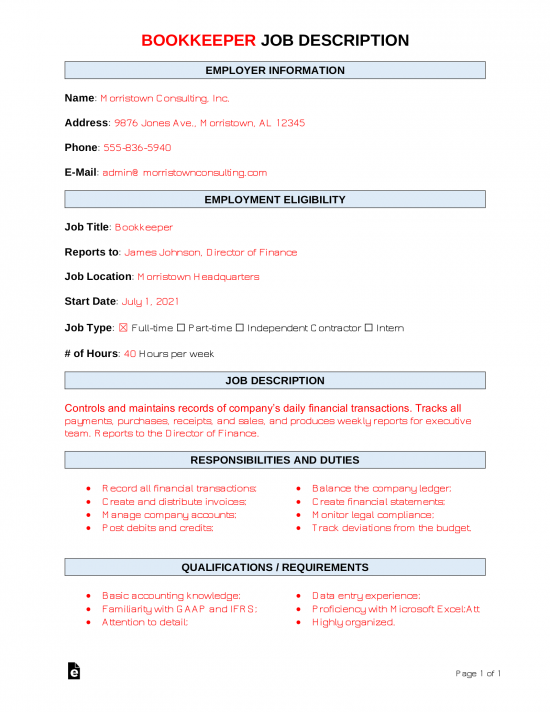 Free Bookkeeper Job Description Template | Sample - PDF | Word – eForms