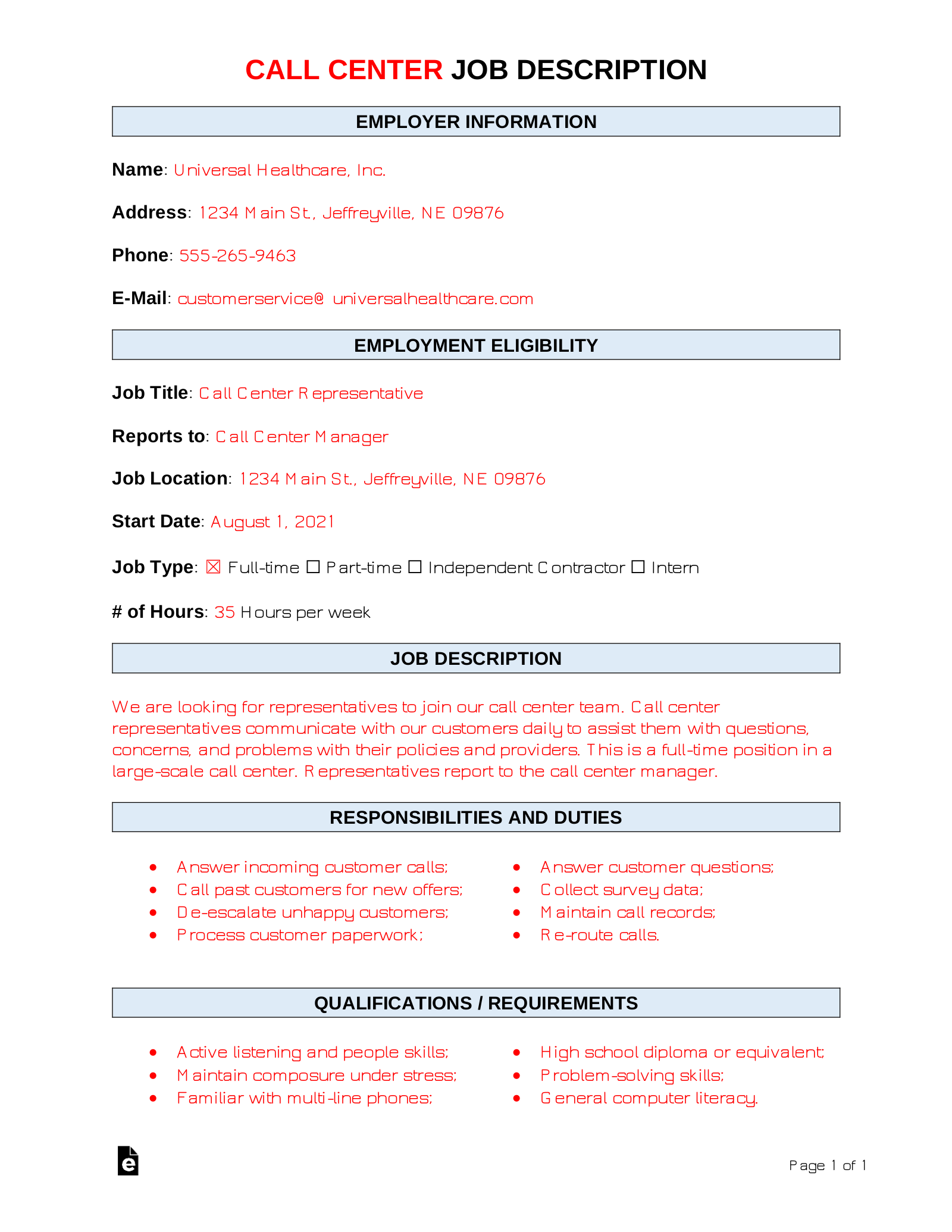 Free Call Center Job Description Template Sample Word PDF EForms