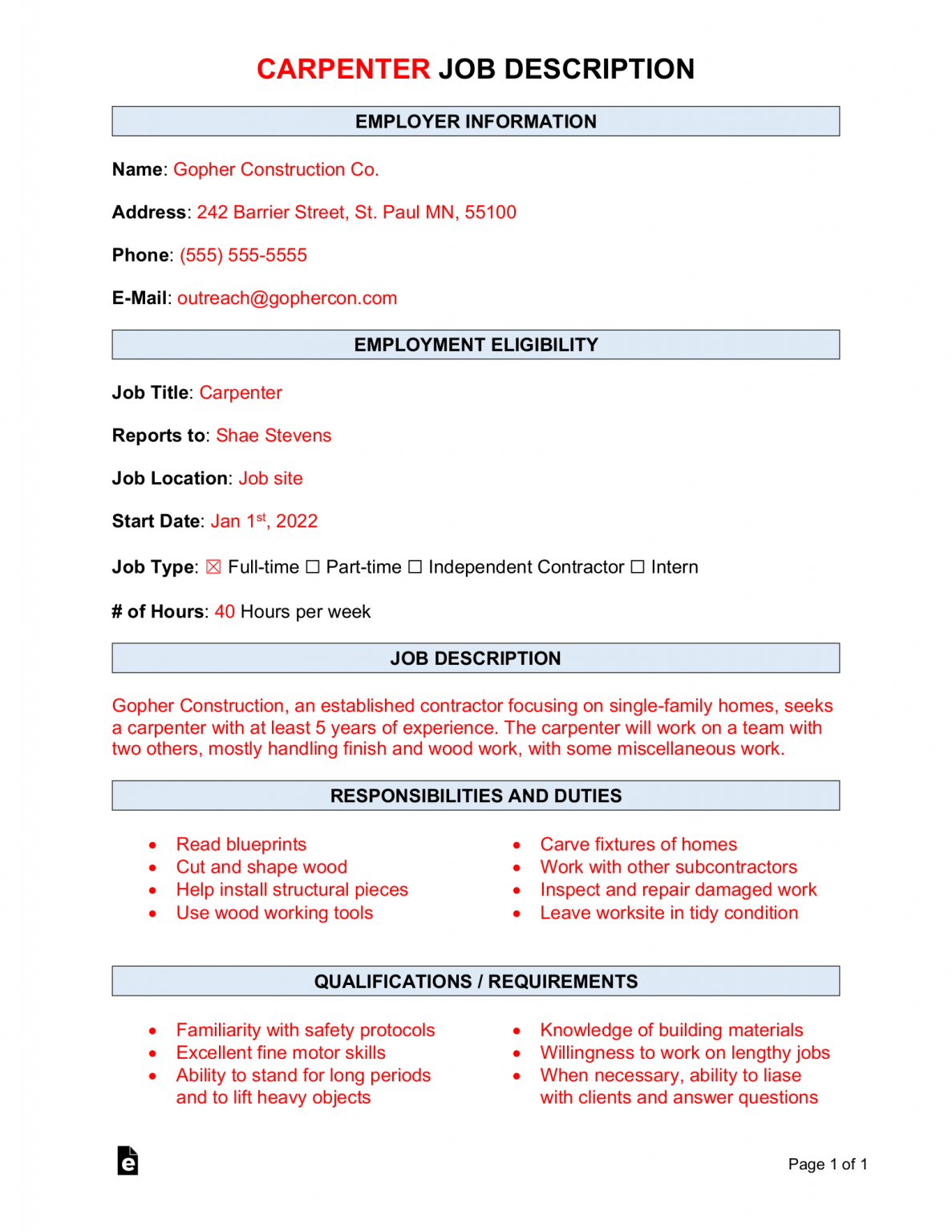 Free Carpenter Job Description Template | Sample - PDF | Word – eForms