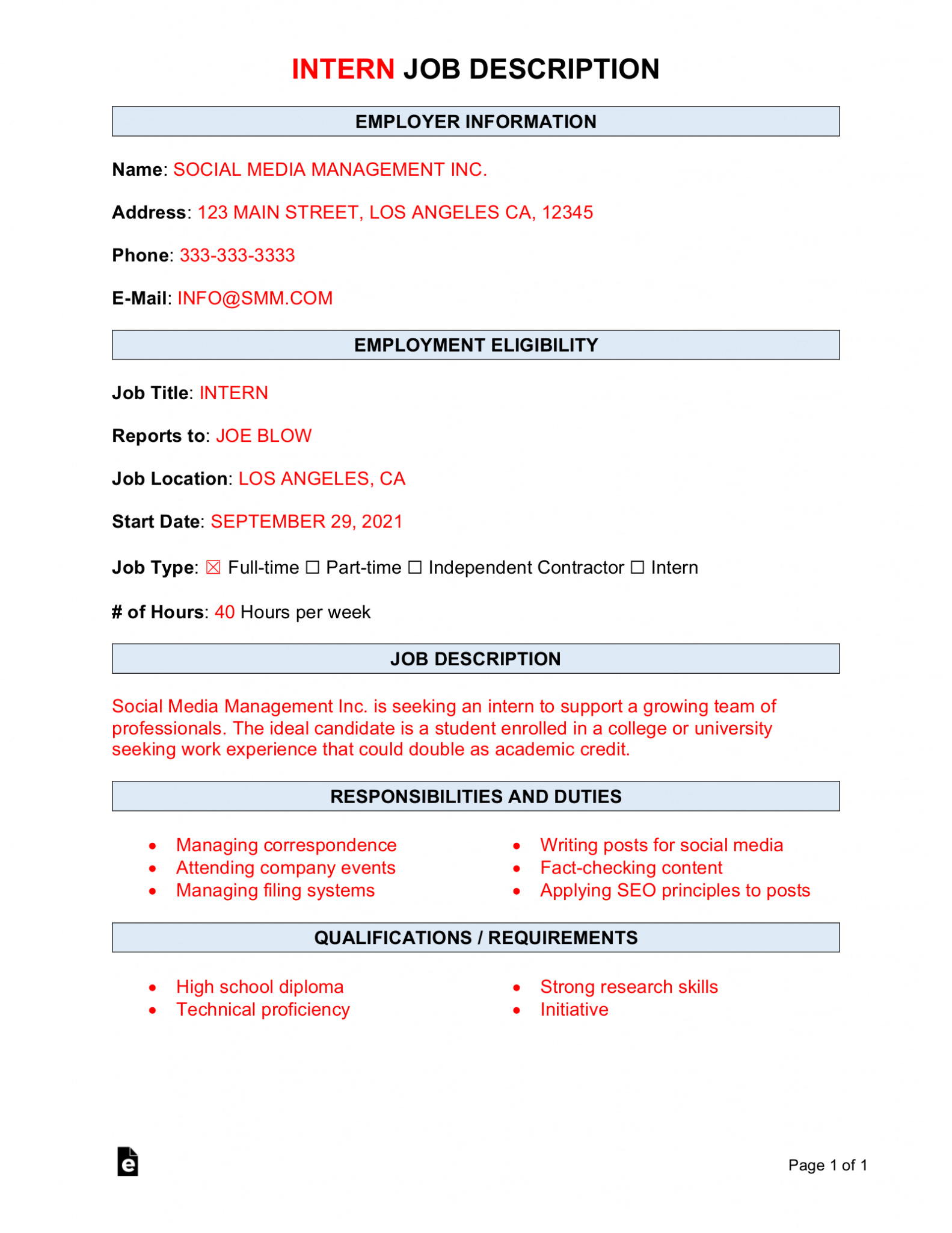 Free Intern Job Description Template | Sample - PDF | Word – eForms