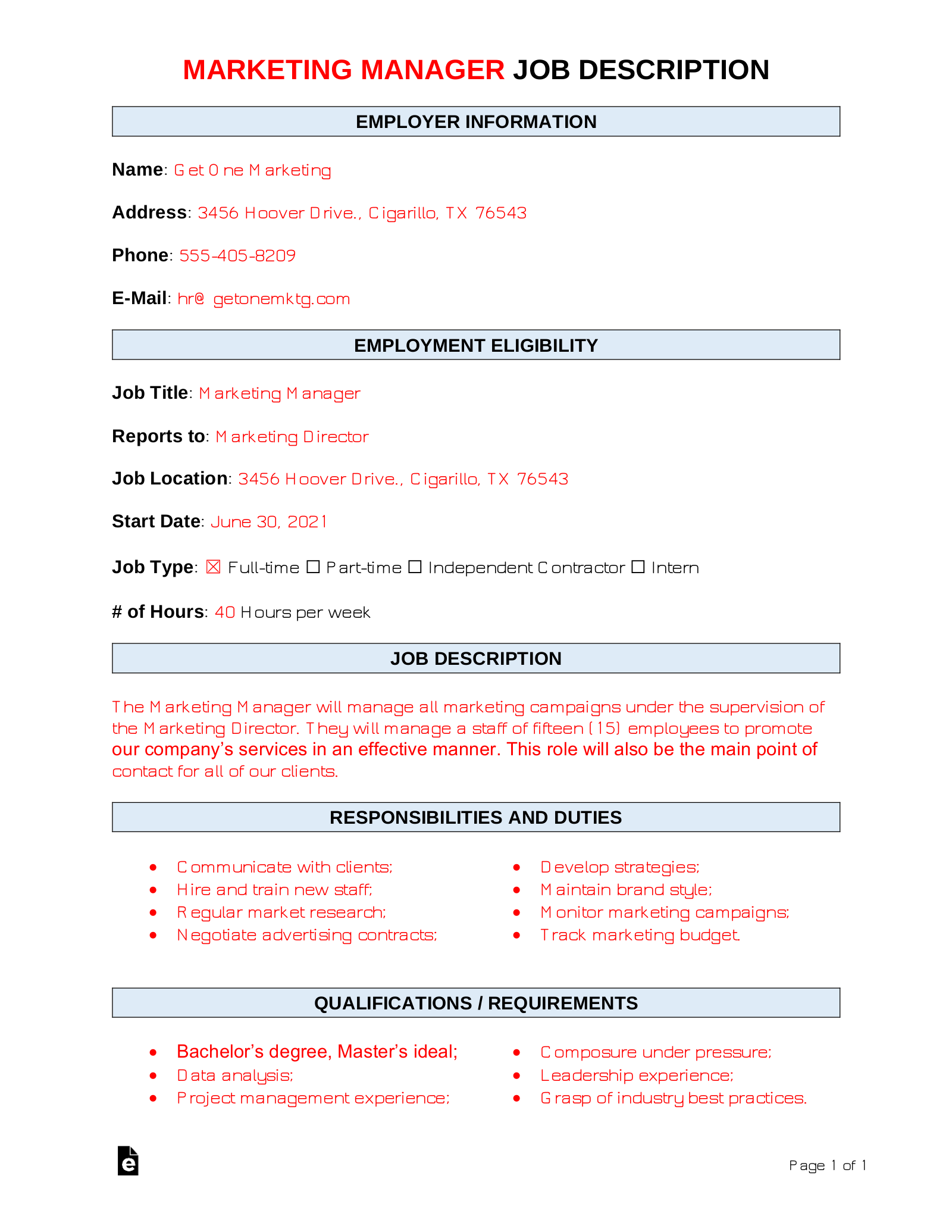 Free Marketer Job Description Template Sample PDF Word EForms Free Marketer Job Description Template Sample PDF Word EForms
