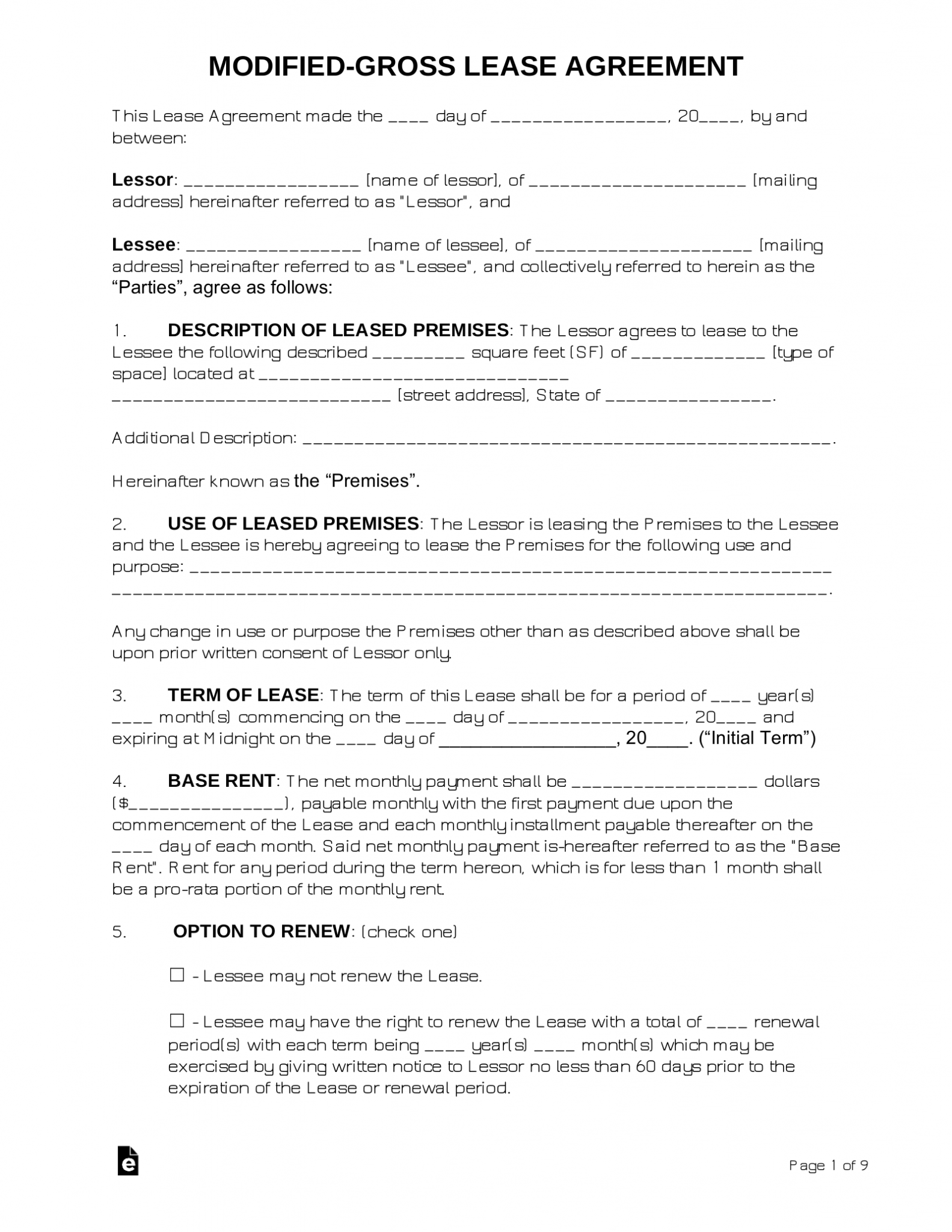 Free Commercial Modified Gross Lease Agreement Template Pdf Word