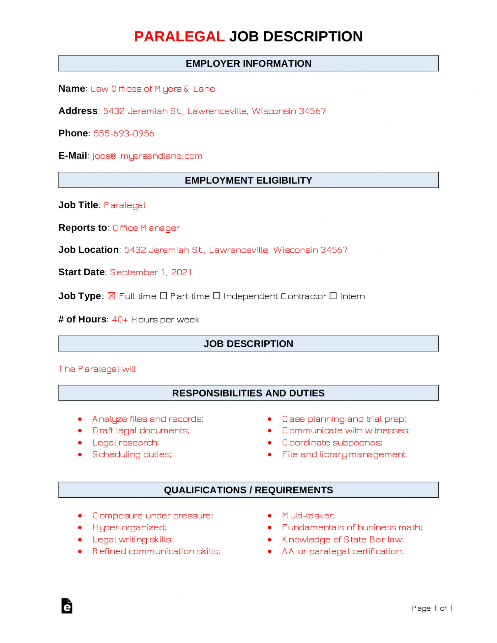 Free Paralegal Job Description Template Sample PDF Word EForms