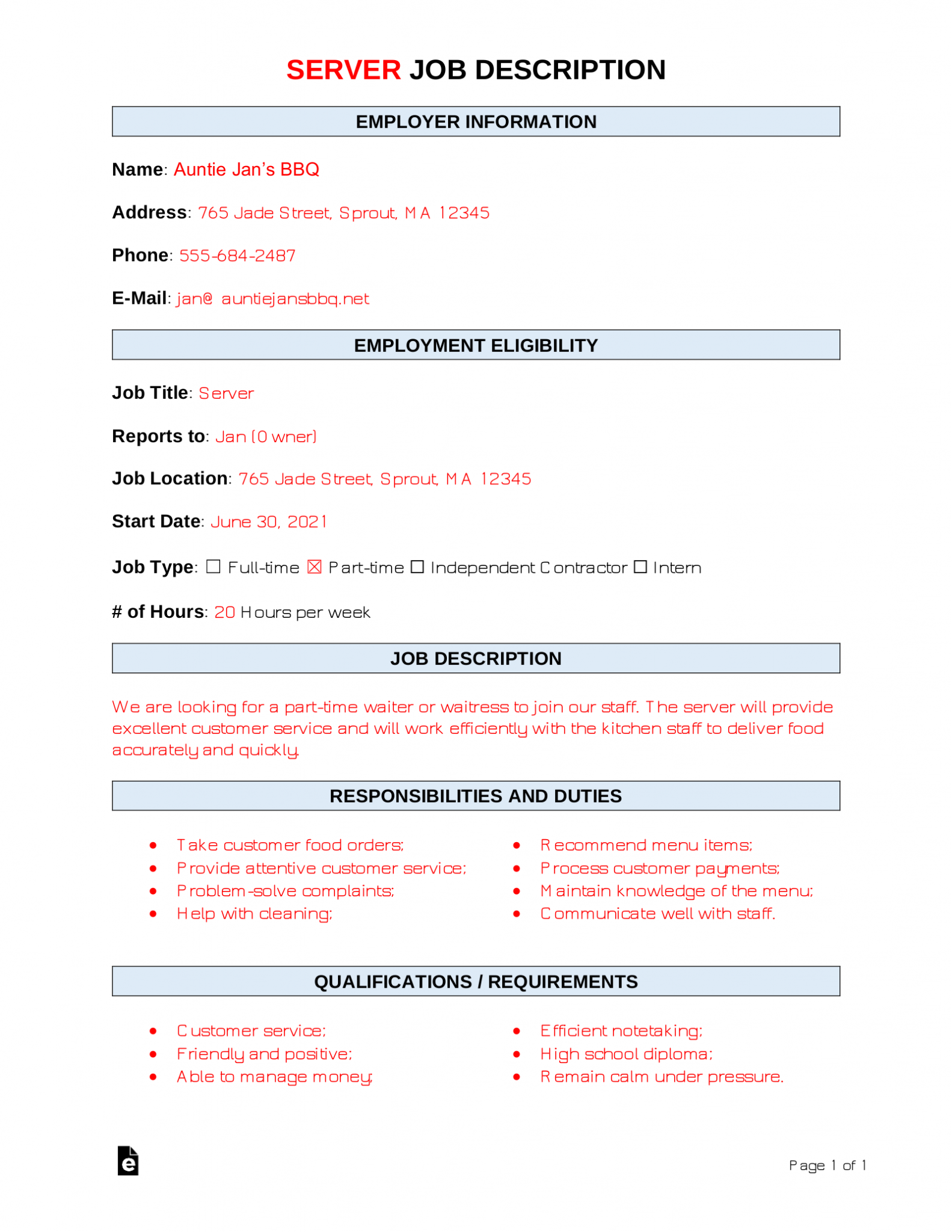 Free Server Job Description Template | Sample - PDF | Word – eForms