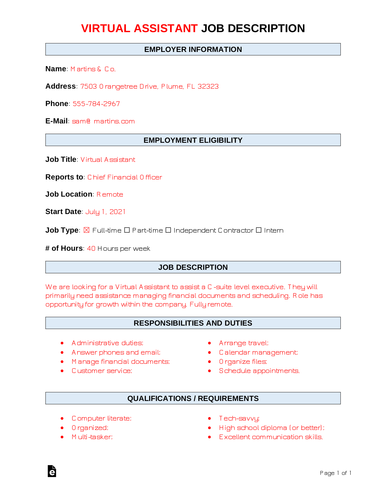 Free Virtual Assistant Job Description Template Sample PDF Word