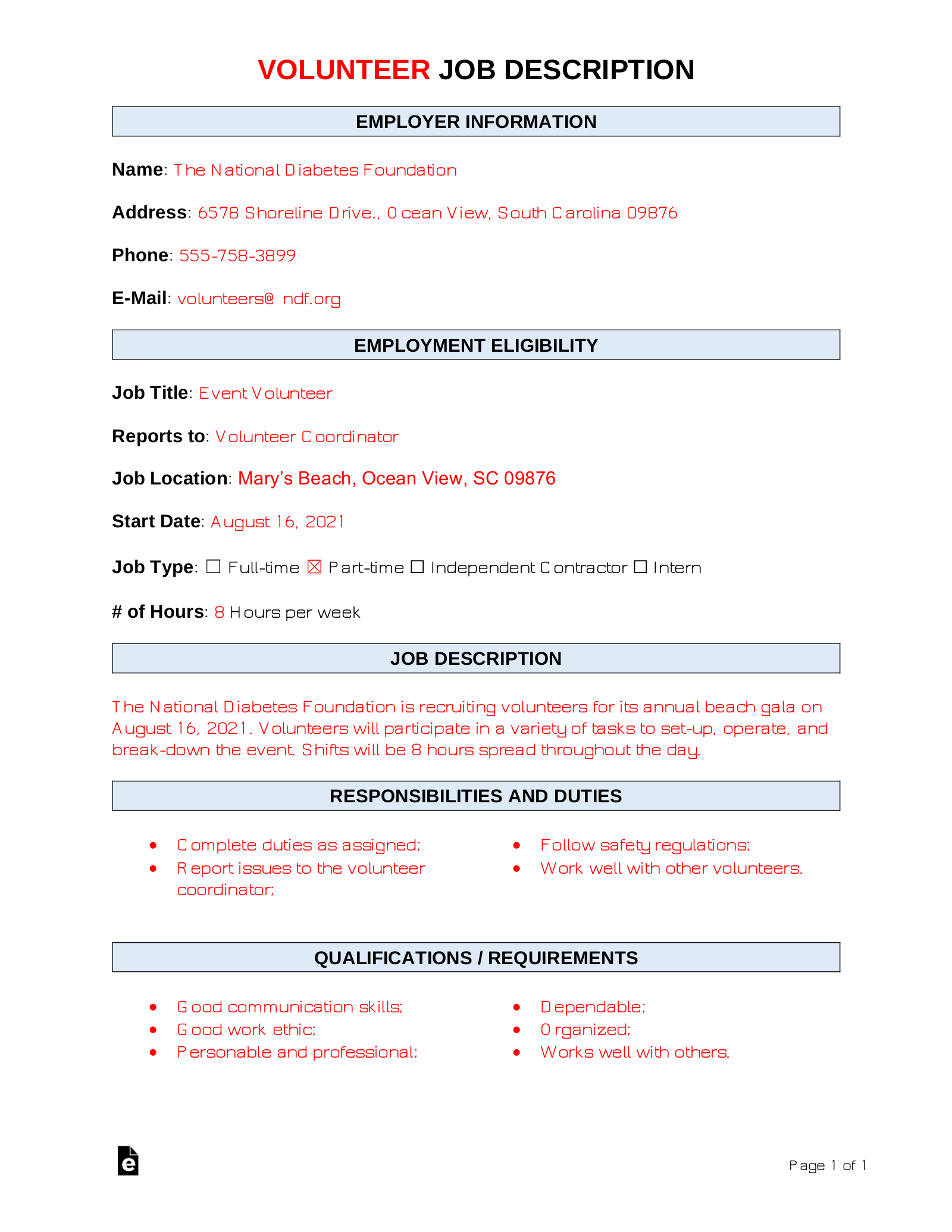 Free Volunteer Job Description Template Sample PDF Word EForms