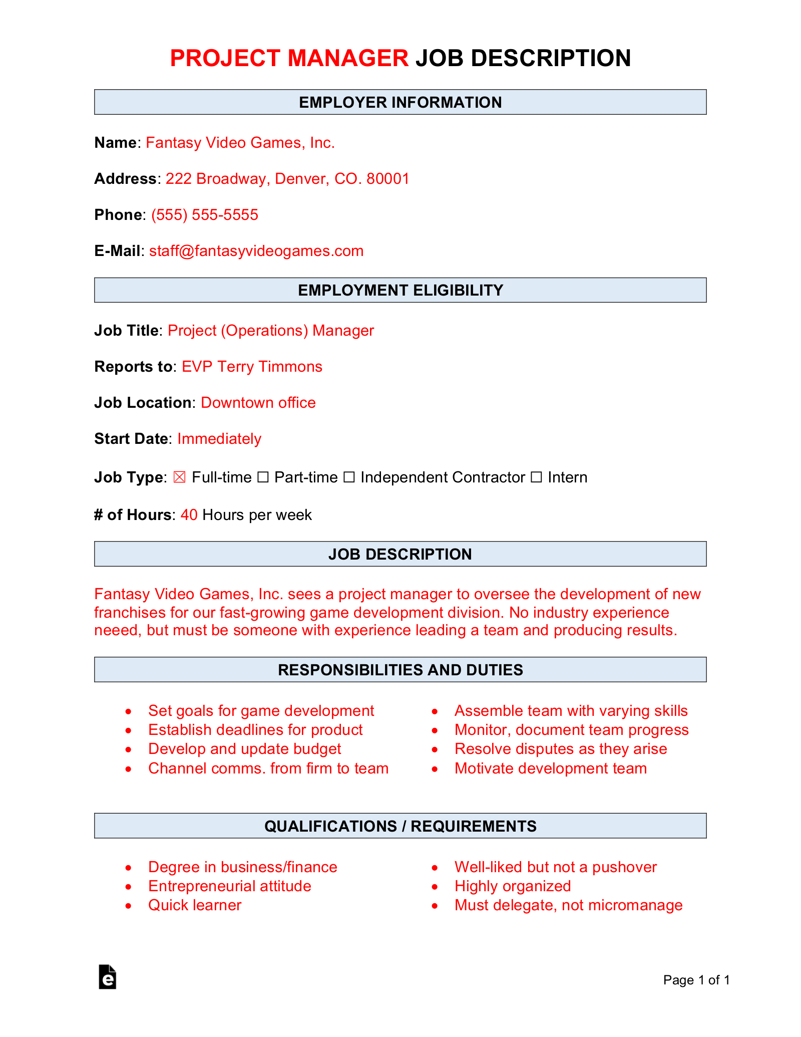 Free Project Operations Manager Job Description Template Sample