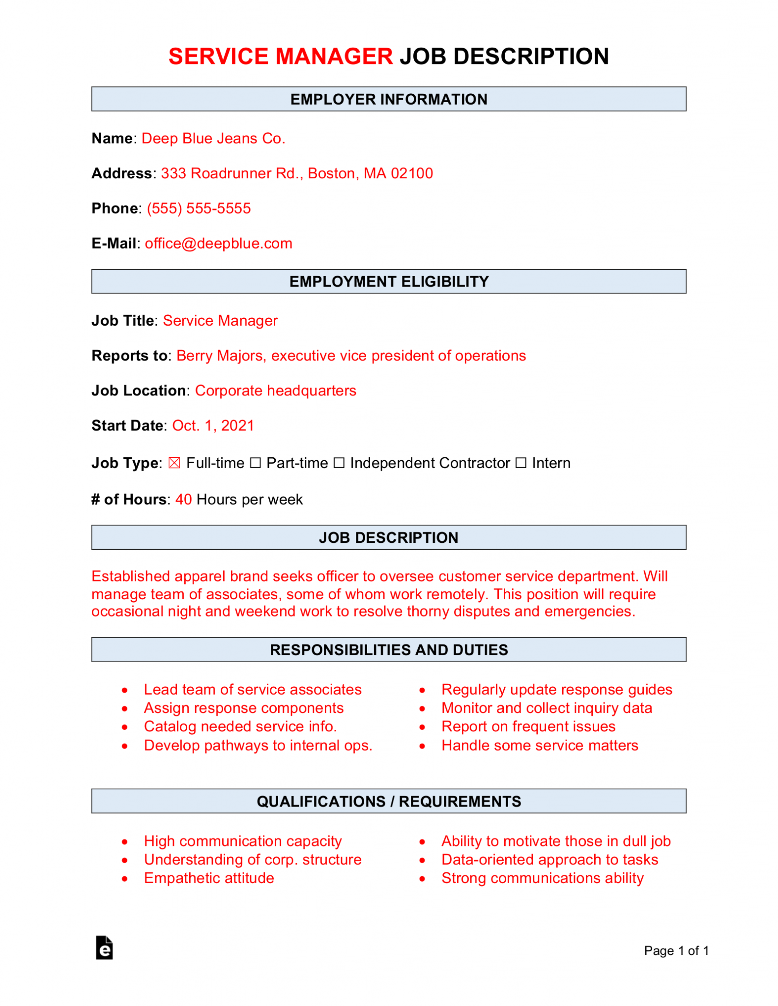 Free Service Manager Job Description Template | Sample - PDF | Word ...