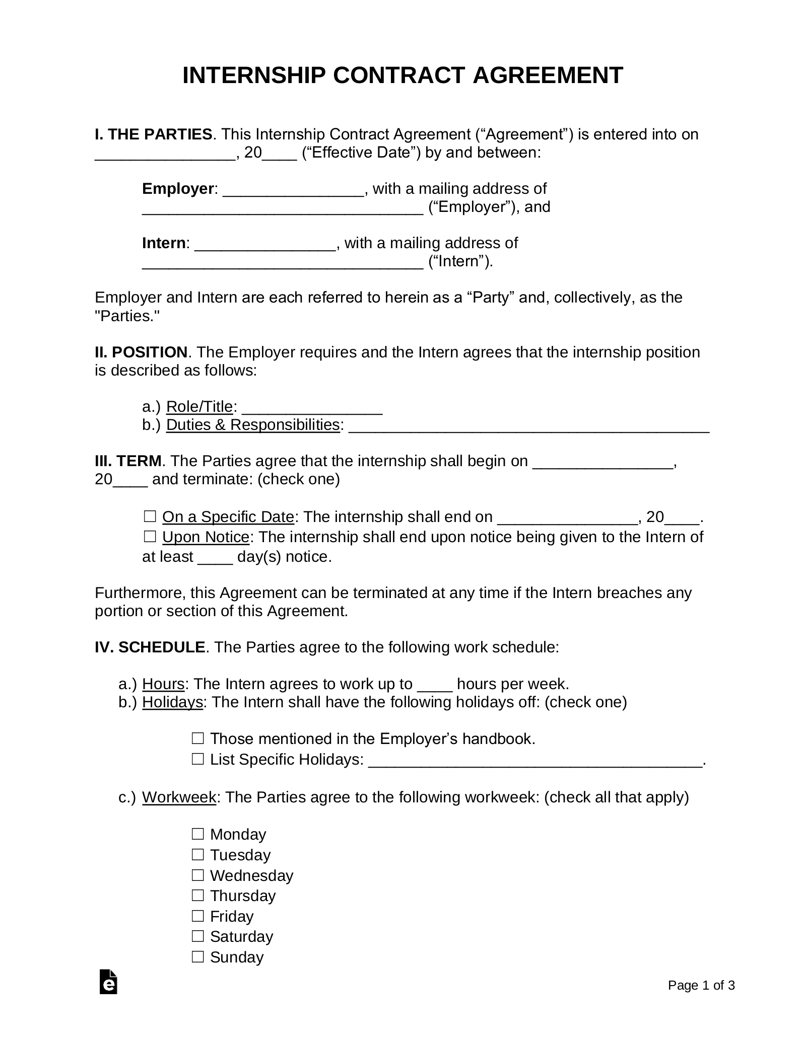Free Internship Agreement Template Printable Word Searches