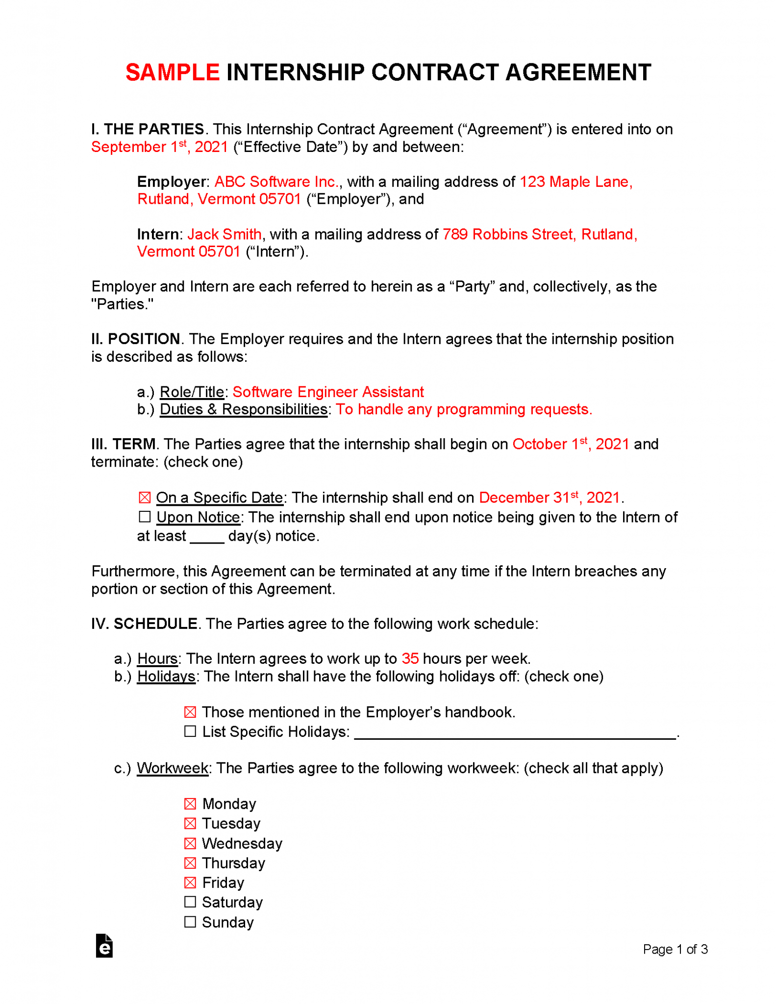 Free Internship Contract Template | Employees and Students - PDF | Word ...
