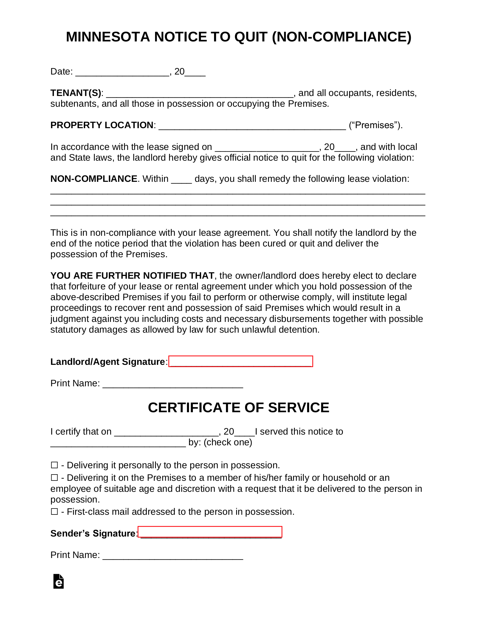 Free Minnesota Non Compliance Eviction Notice Form PDF EForms