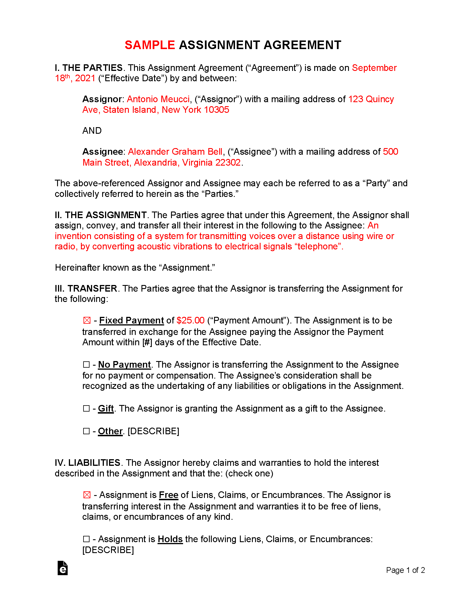 Free Assignment Agreement Forms (12) | Samples - PDF | Word – eForms