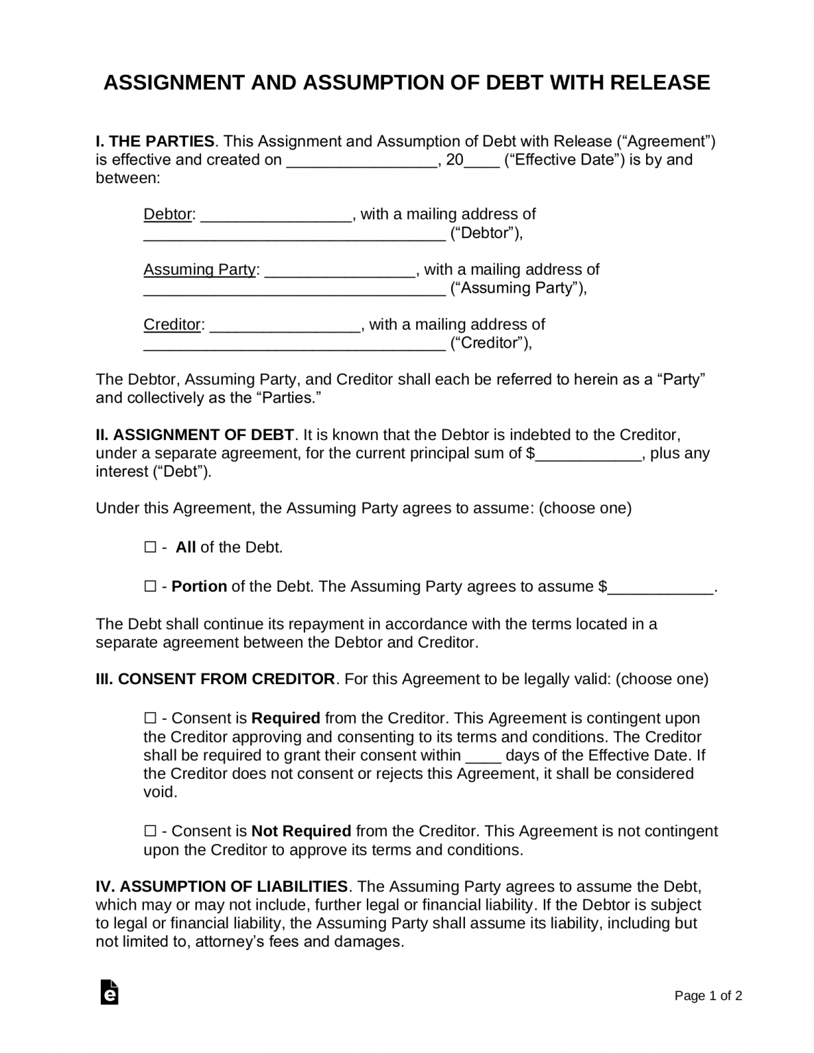 Free Debt Assignment Agreement - PDF | Word – eForms