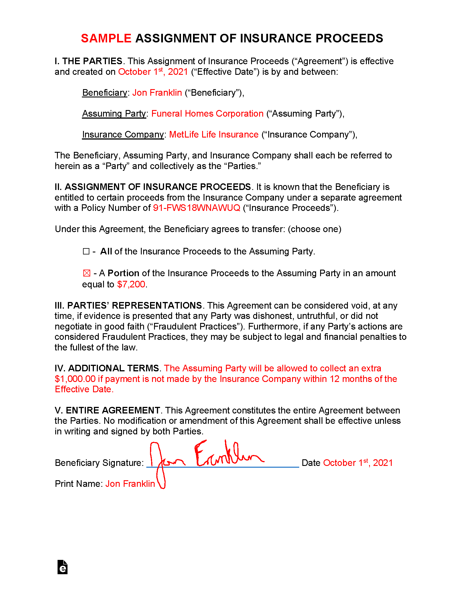 Free Insurance Assignment Agreement - Word | PDF – eForms