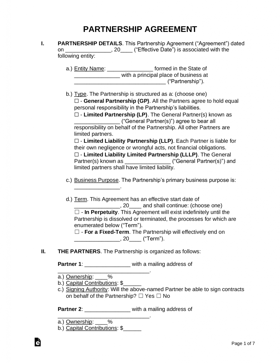 Free General Partnership (GP) Agreement Template - PDF | Word – eForms
