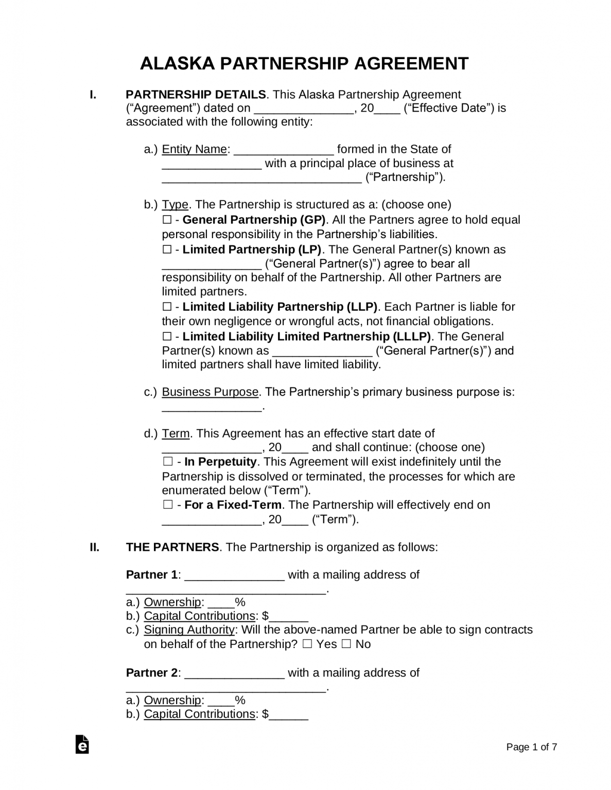Free Alaska Partnership Agreement Template - PDF | Word – eForms