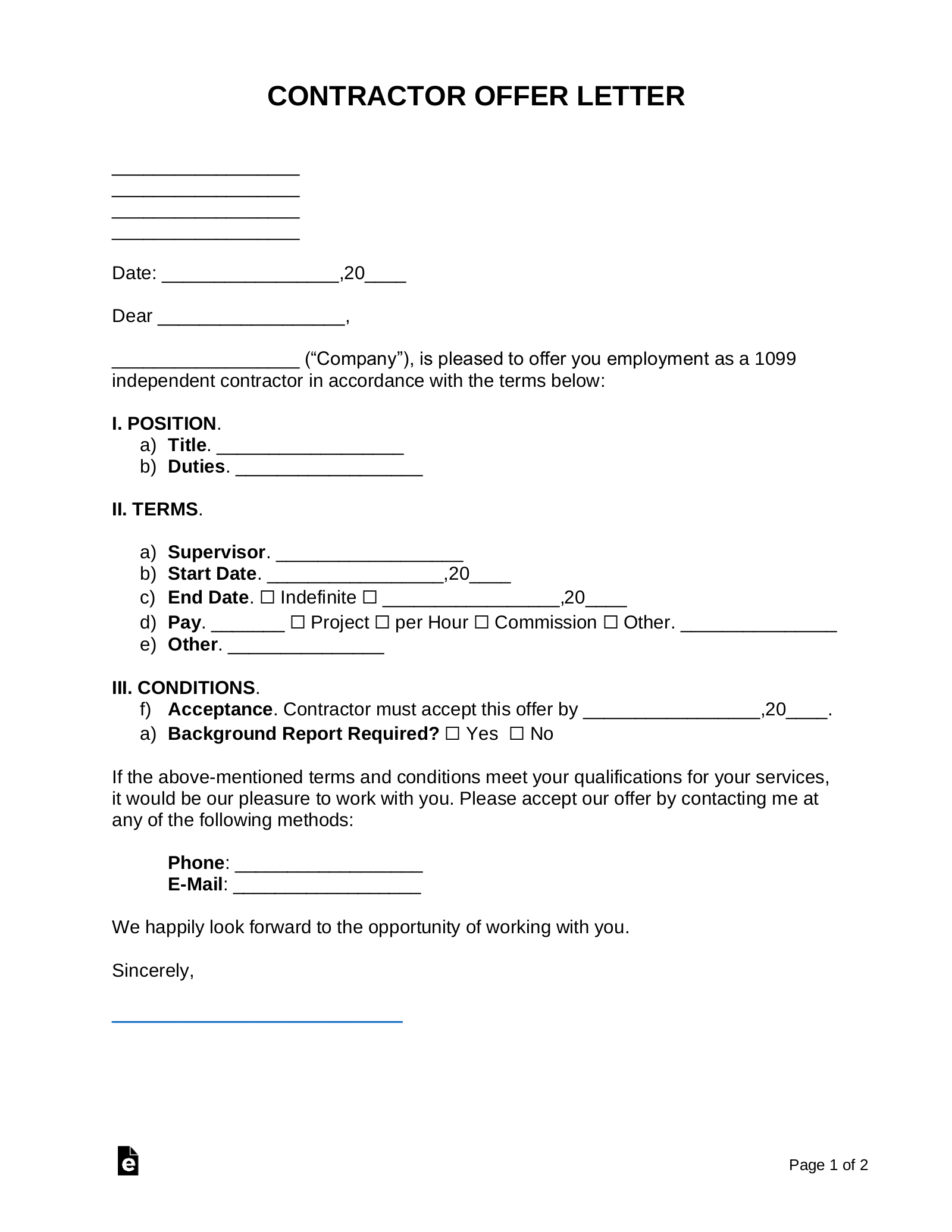 Free Contractor 1099 Offer Letter PDF Word EForms Free Contractor 1099 Offer Letter PDF Word EForms