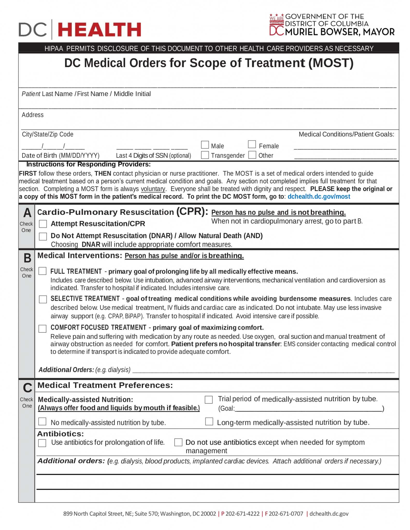 Free Washington D.C. Medical Orders for Scope of Treatment (MOST) Form ...