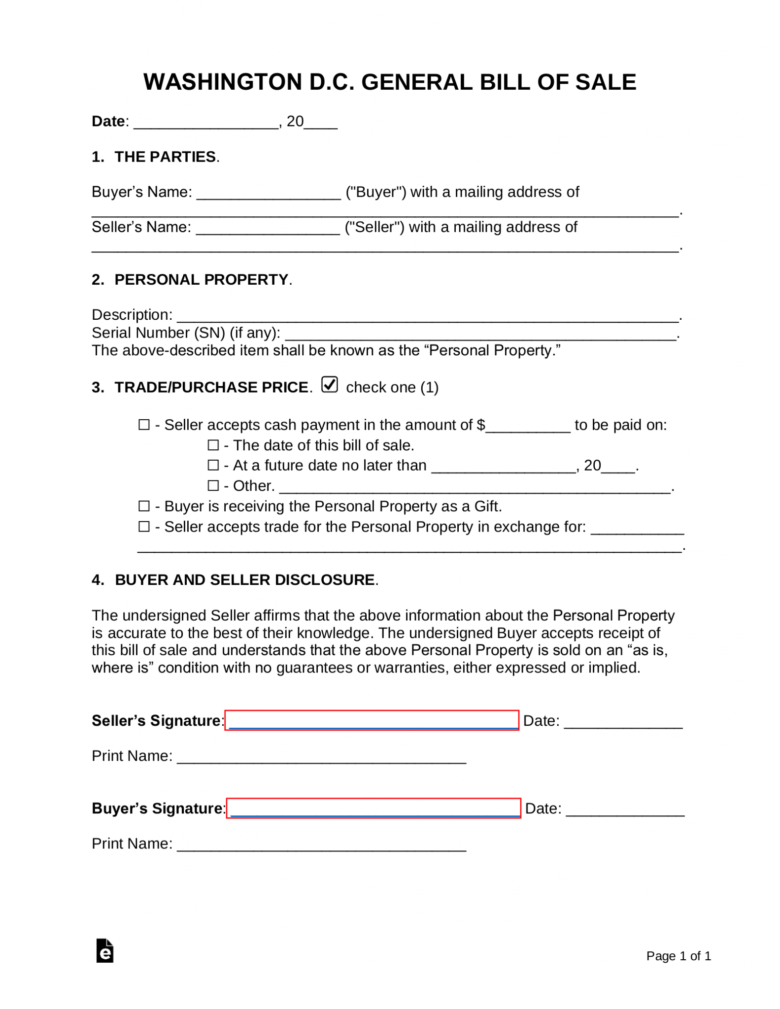 Free Washington D.C. Bill of Sale Forms (4) - PDF | Word – eForms