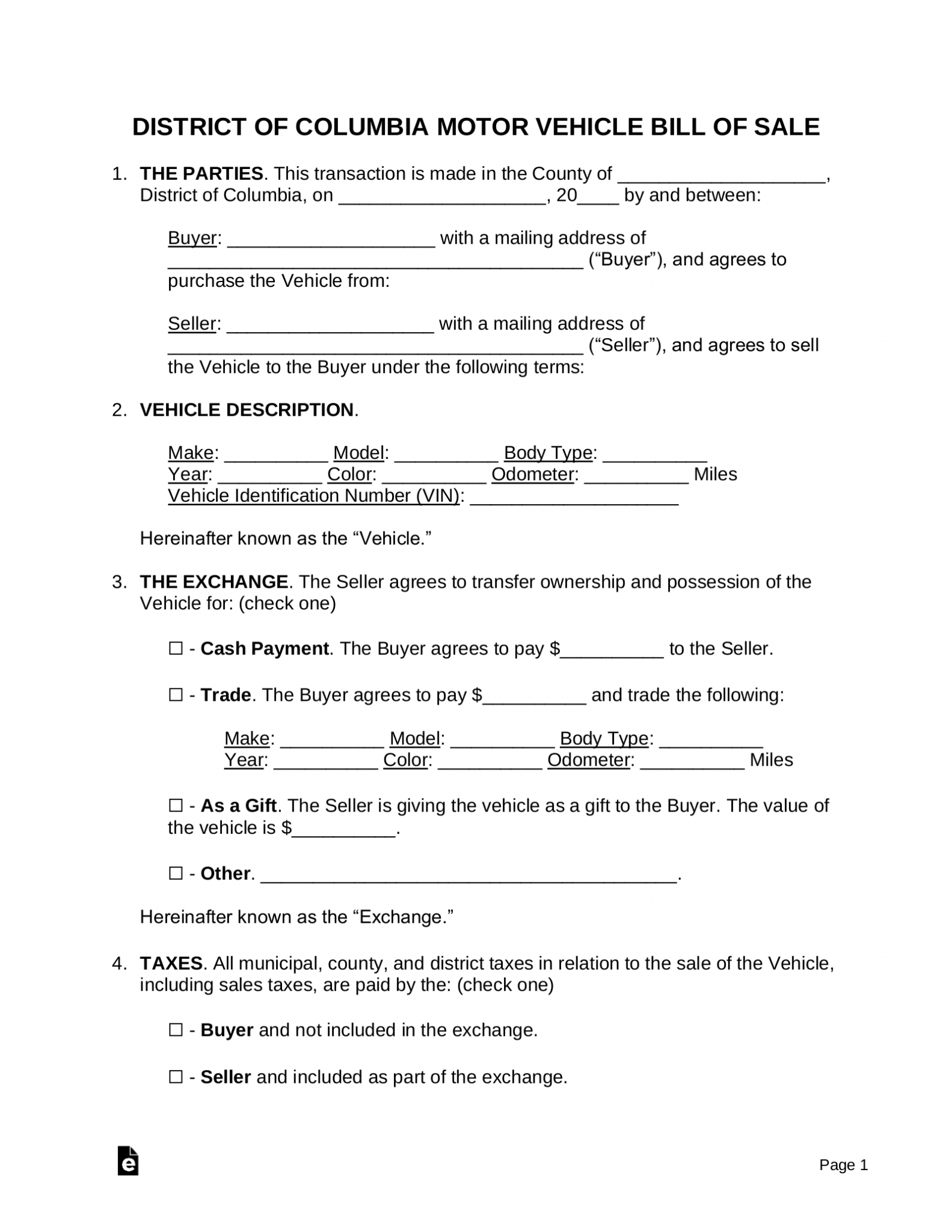 Free Washington D.C. Motor Vehicle Bill of Sale Form - PDF | Word – eForms