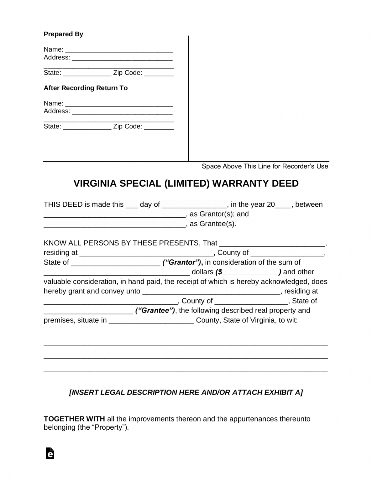 Free Virginia Special Warranty Deed Form - PDF | Word – eForms